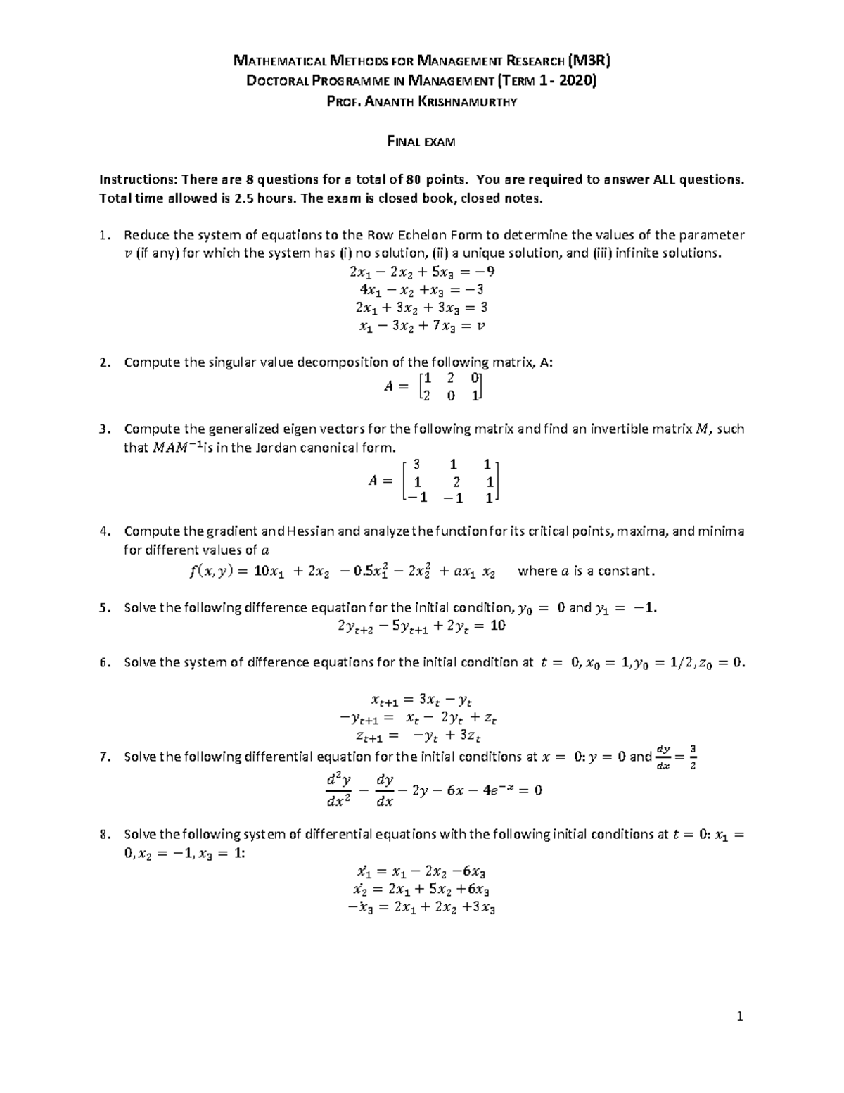 M3R Final Exam 2020 - Question paper - MATHEMATICAL METHODS FOR MANAGEMENT RESEARCH (M3R ...