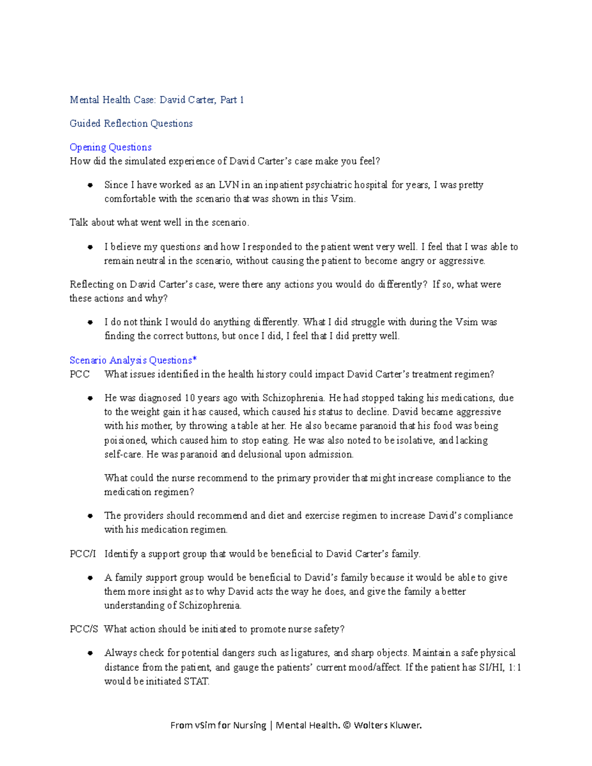 David Carter Reflection Questions 3 - Mental Health Case: David Carter ...