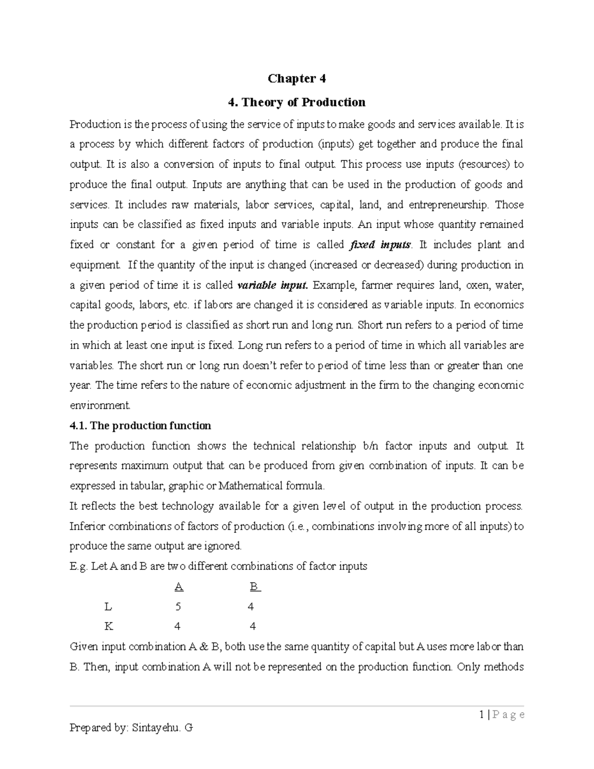 Chapter 4 - Lecture notes 4 - Chapter 4 4. Theory of Production ...