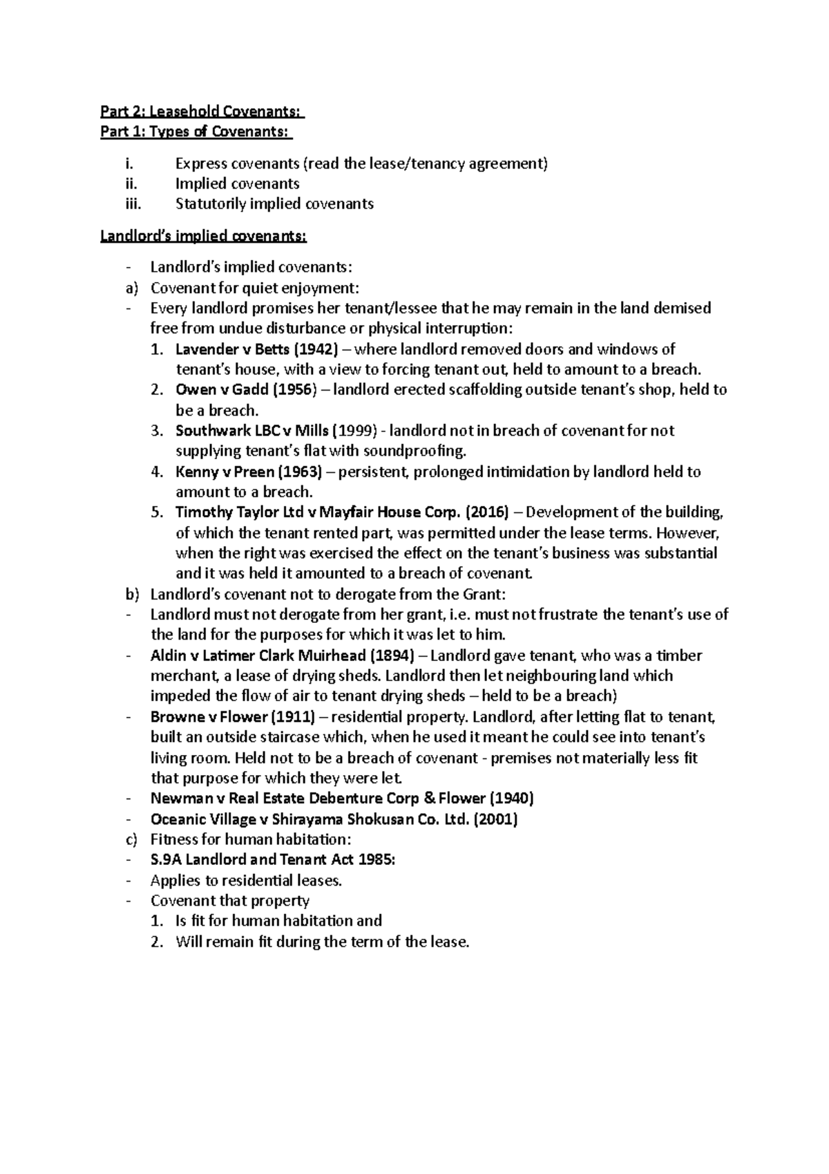 2 - Lecture notes 2 - Part 2: Leasehold Covenants: Part 1: Types of ...