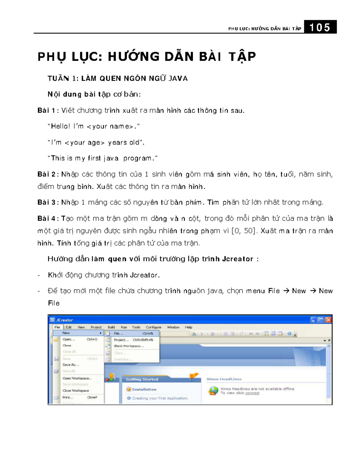 Bai tap Lap Trinh Huong Doi Tuong - PHỤ LỤC: HƯỚNG DẪN BÀI TẬP TUẦN 1: LÀM QUEN NGÔN NGỮ JAVA ...