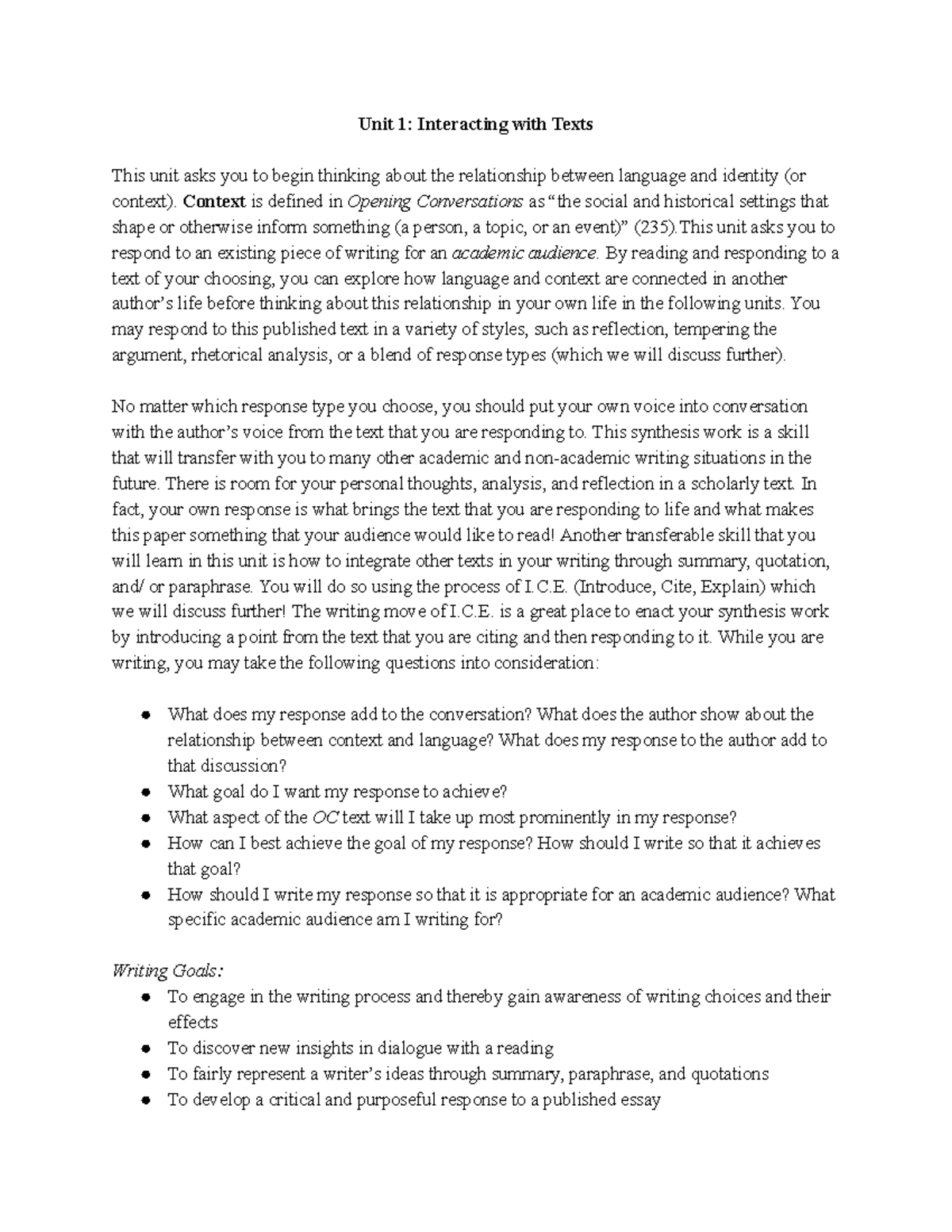 Assignment Sheet Interacting With Texts Unit 1 Interacting With Texts This Unit Asks You To