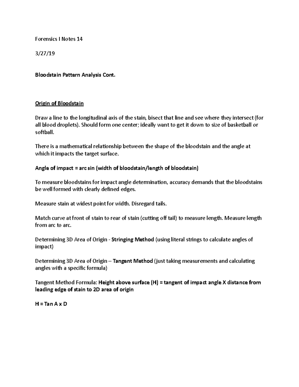 Forensics I Notes 14 - Origin of Bloodstain Draw a line to the ...