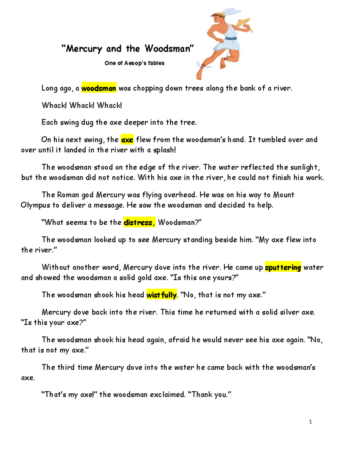 Mercury and the Woodsman Grade 3 Story 2Q Exam - “Mercury and the ...