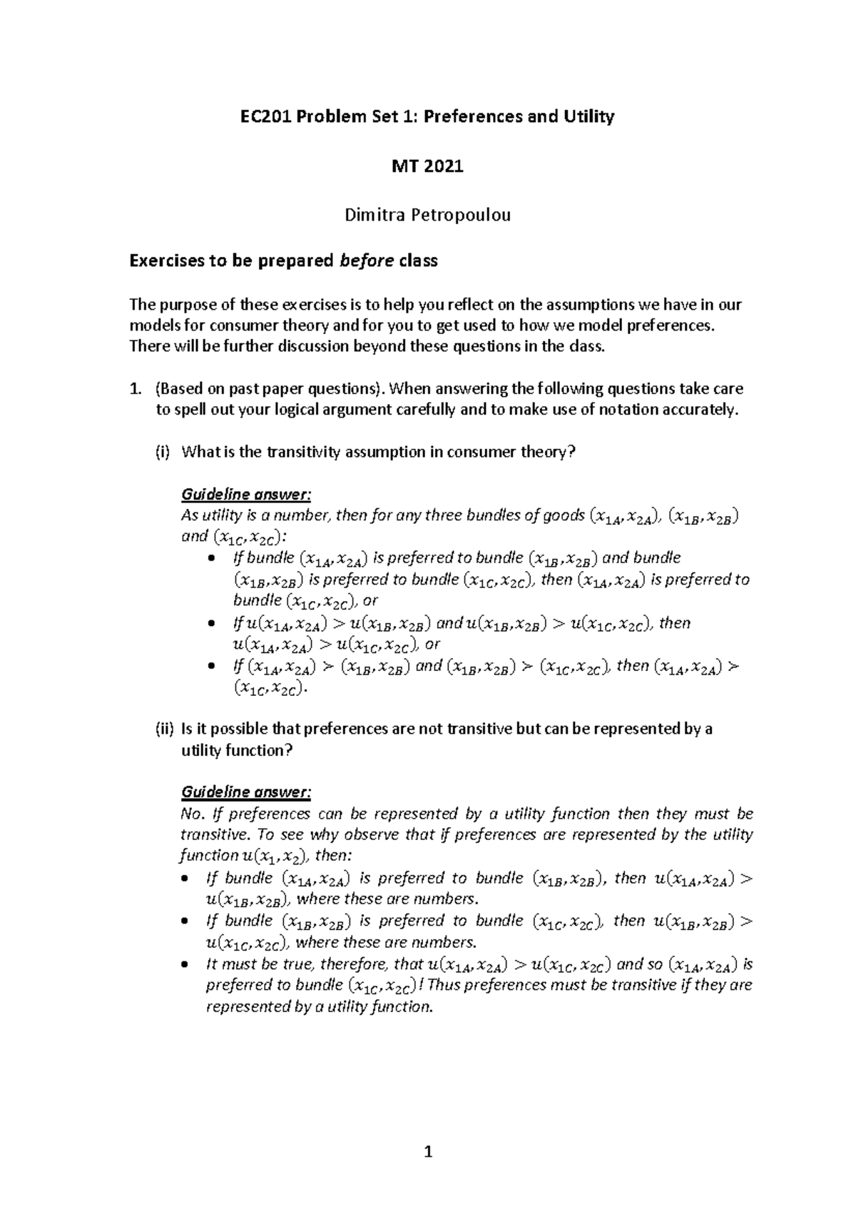 Problem Set 1 - Solutions - 1 EC201 Problem Set 1: Preferences and ...