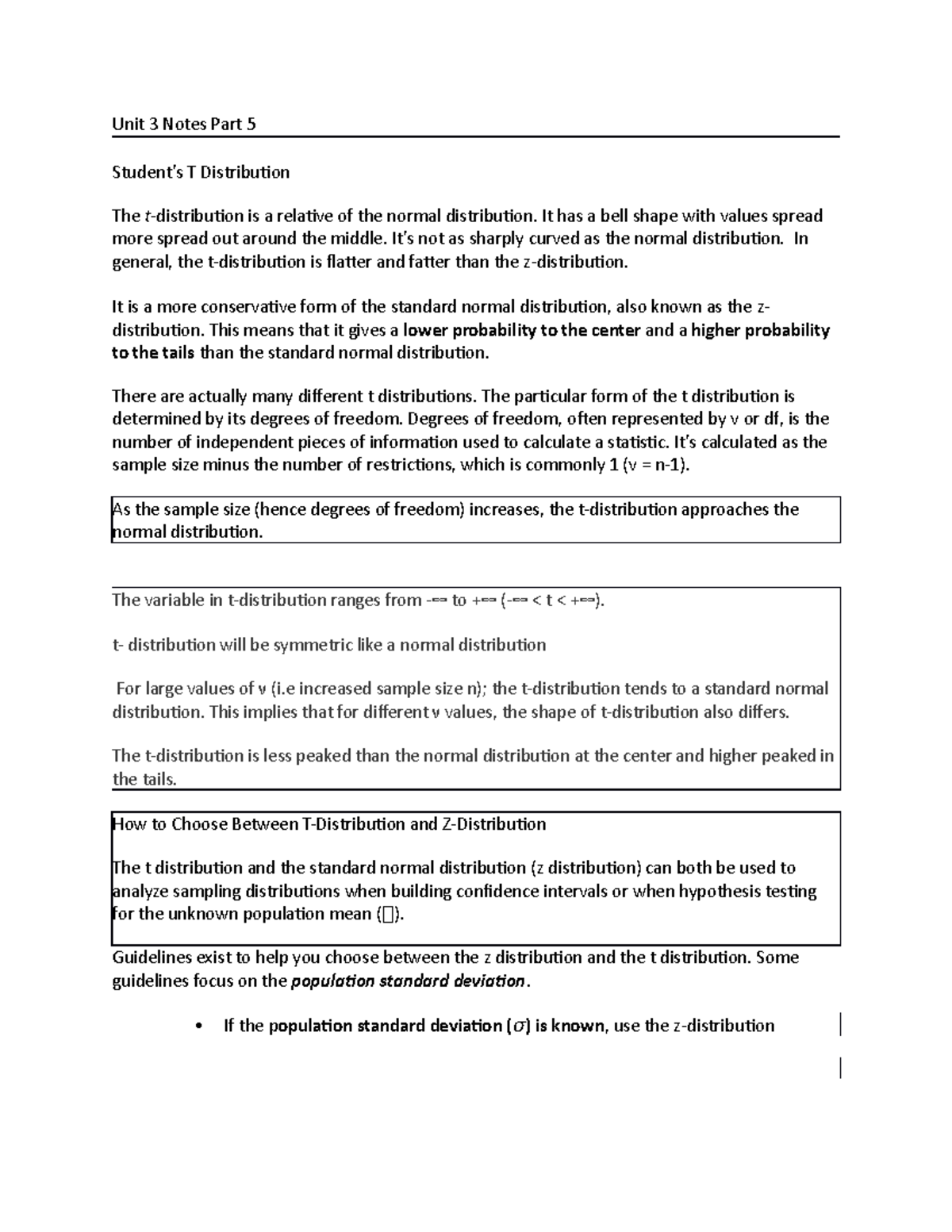 Unit 3 Notes Part 5 - Unit 3 Notes Part 5 Student’s T Distribution The ...