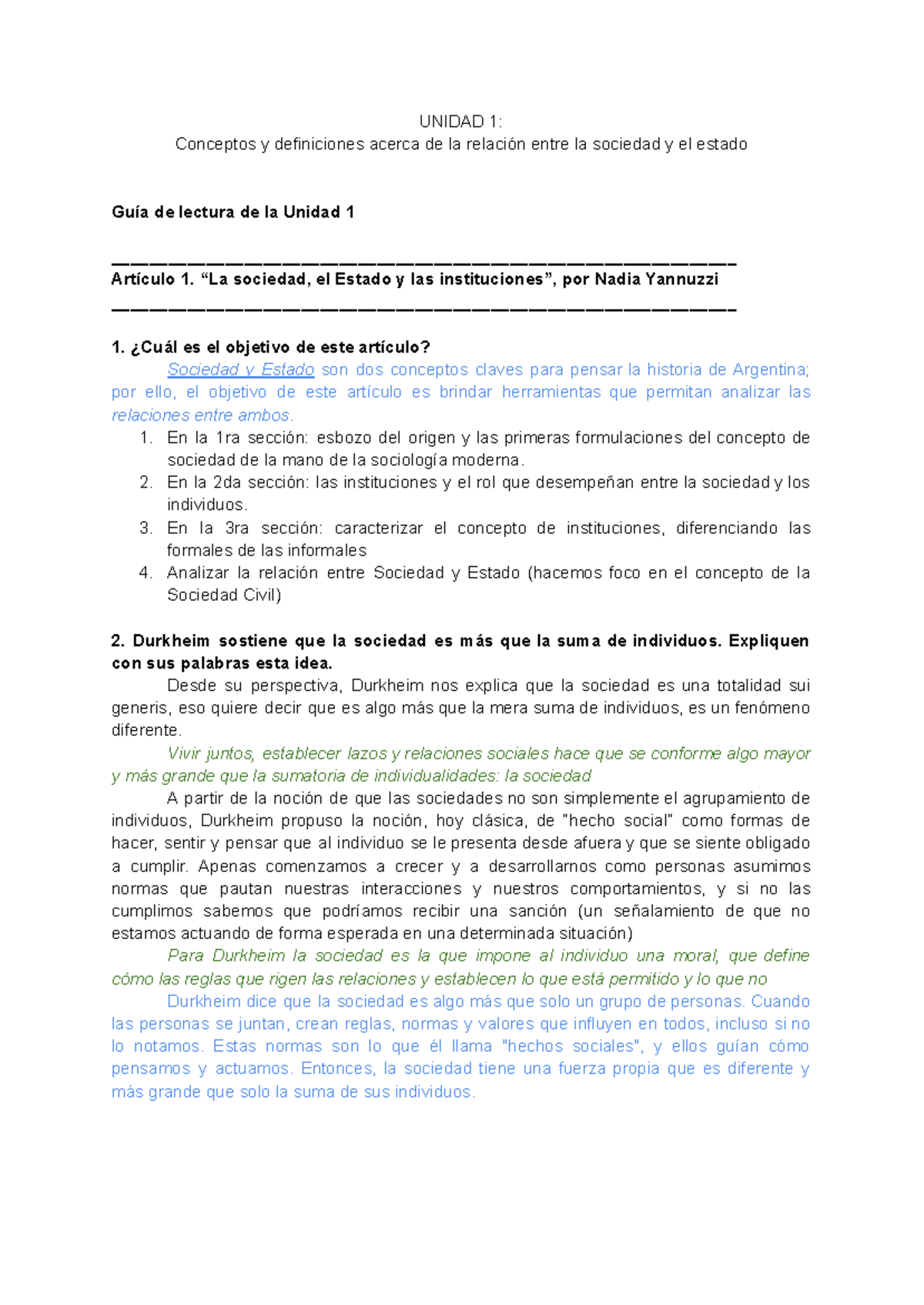 Guia de lectura Unidad 1 CON RESPUESTAS - UNIDAD 1: Conceptos y ...
