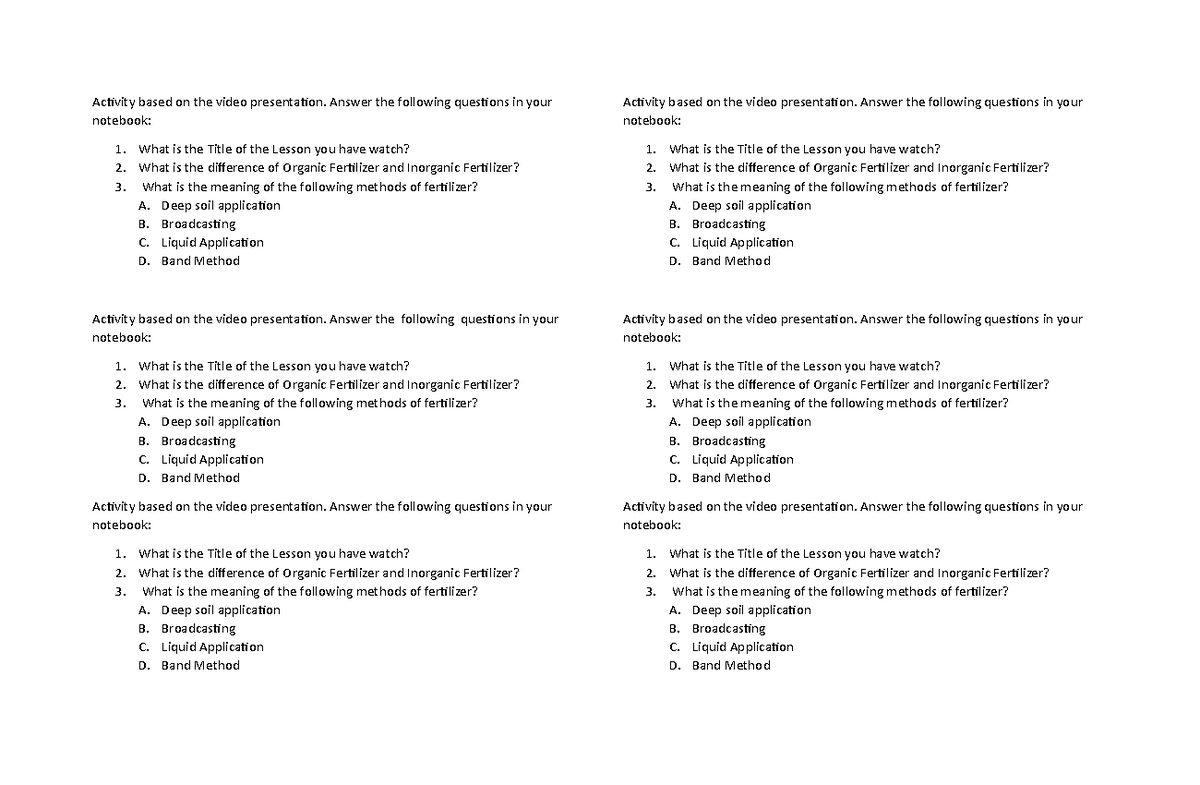 Activity based on the video presentation - Answer the following ...