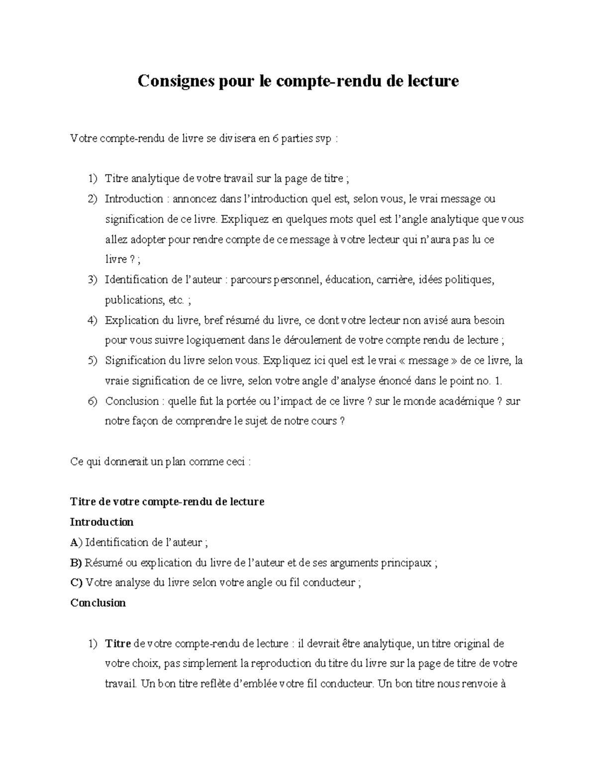 Consignes Compte Rendu de lecture - Consignes pour le compte-rendu de lecture Votre compte-rendu ...