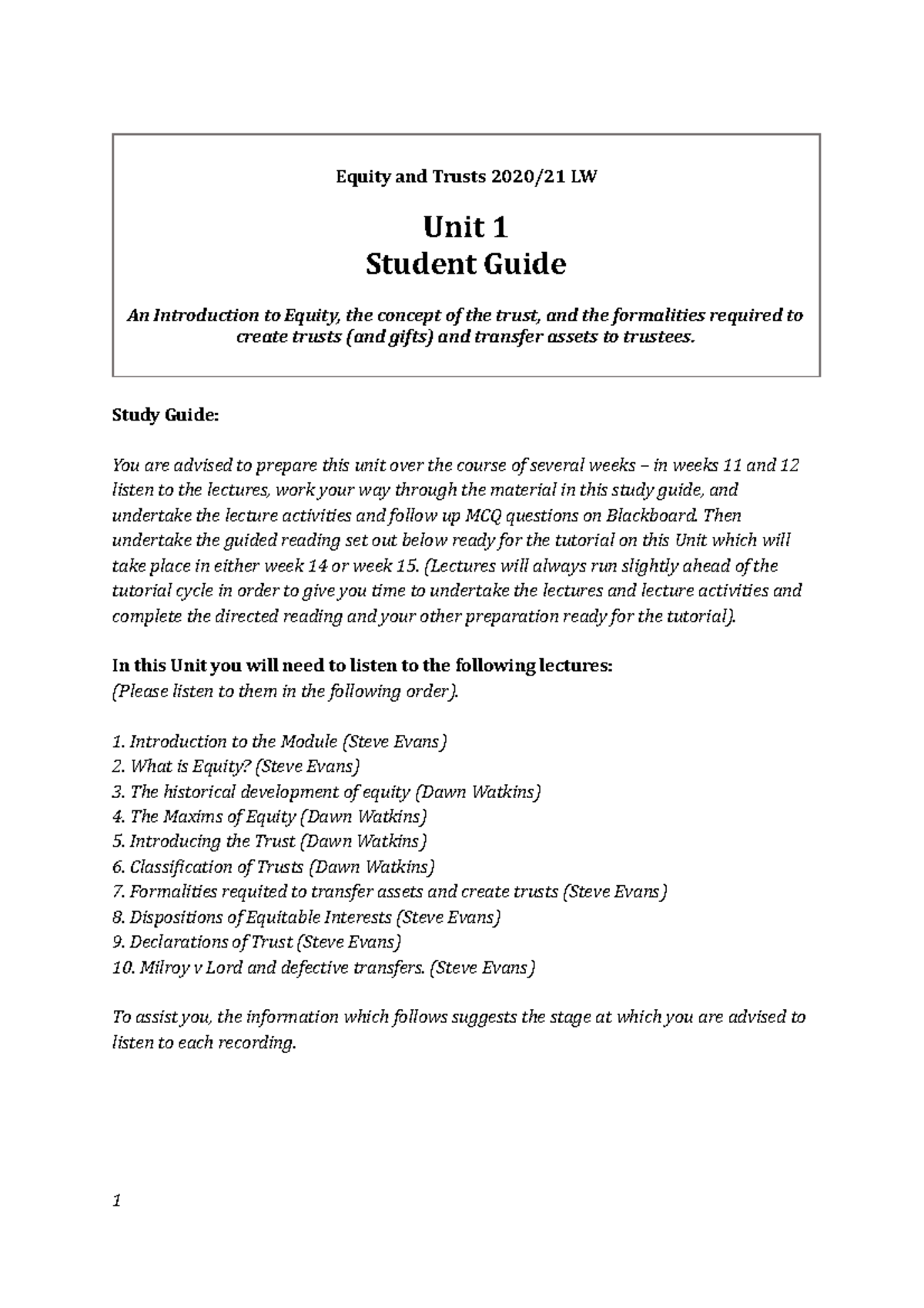 1. equity & trusts unit one - Equity and Trusts 2020/21 LW Unit 1 Student Guide An Introduction ...