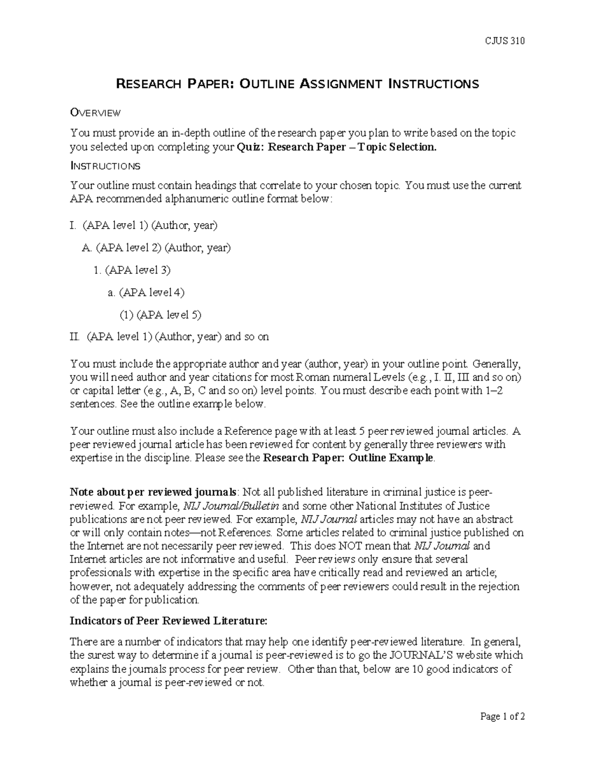 Research Paper Outline Assignment Instructions - CJUS 310 RESEARCH ...