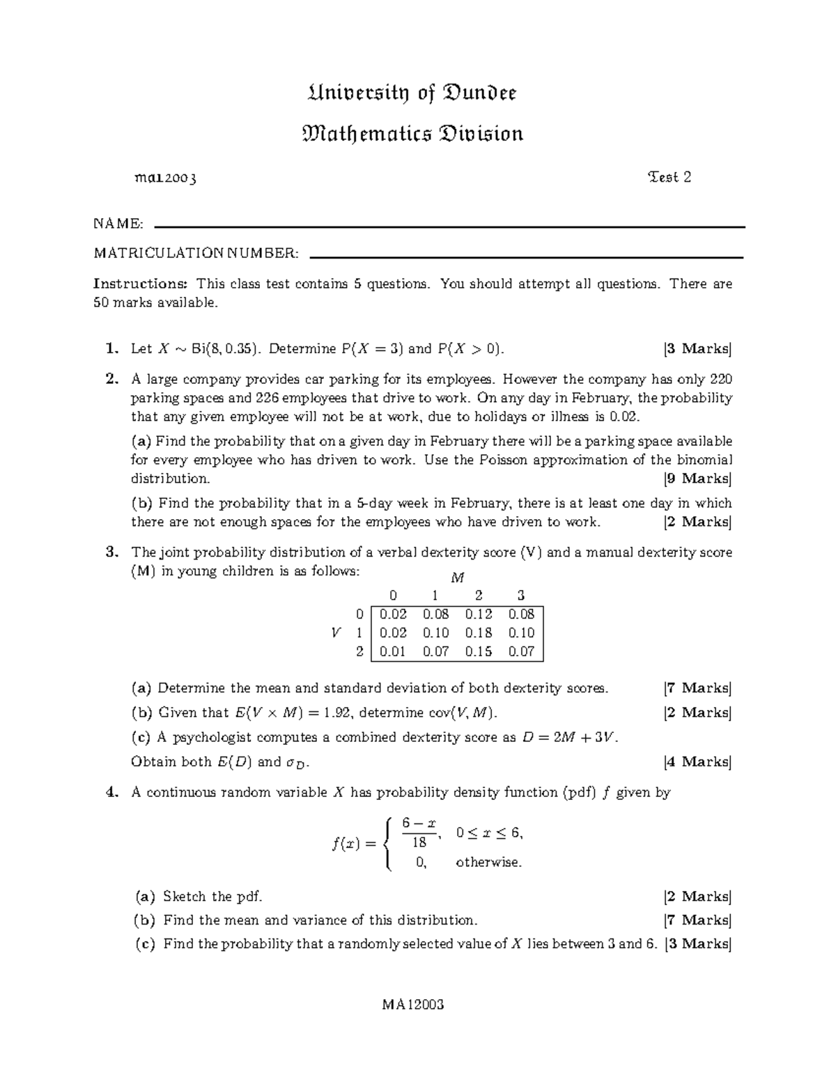 Test 2 2016 questions - University of Dundee Mathematics Division ...