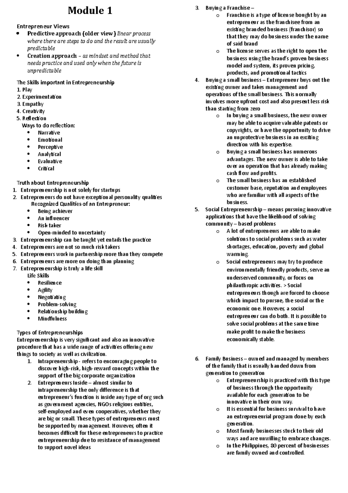 Entrep Mind Mod 1 and 2 - Module 1 Entrepreneur Views Predictive approach (older view) linear ...