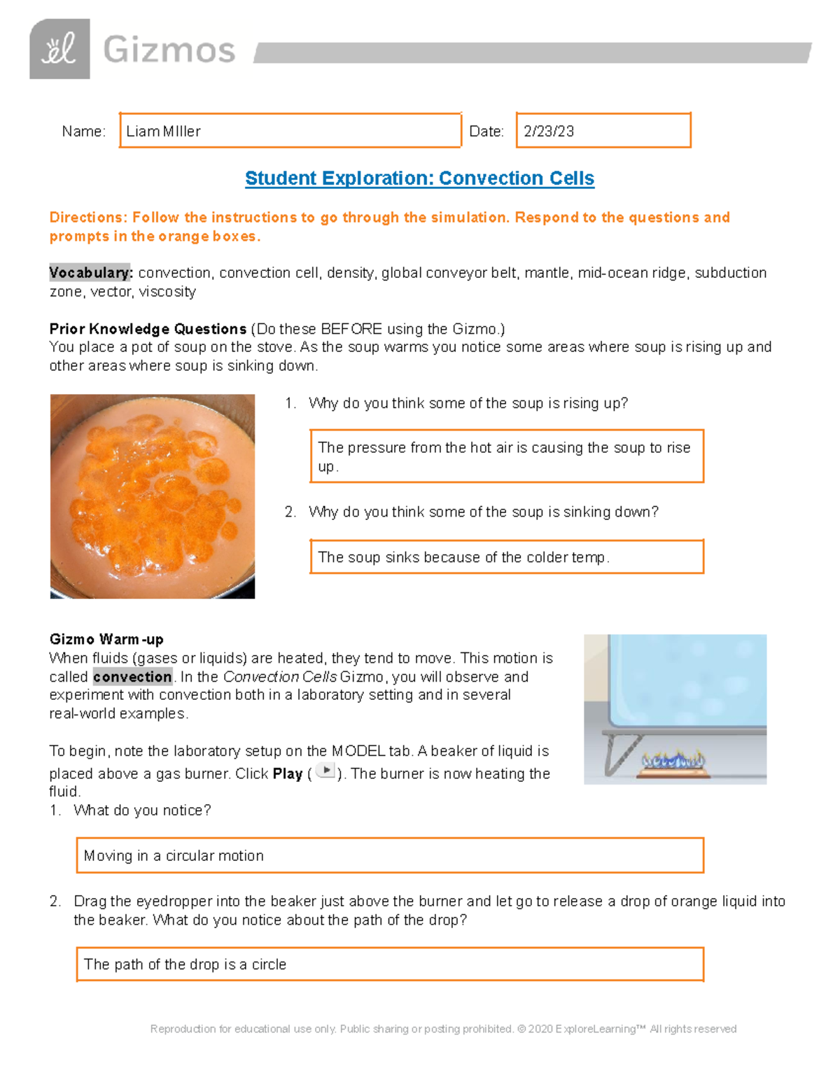 Liam Miller - Convection Cells Gizmo - 16879190 - Name: Liam MIller ...