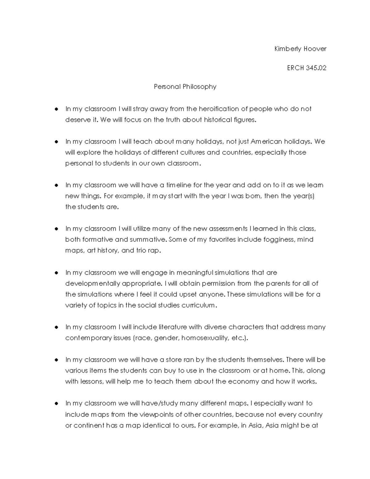 Personal Philosophy Statements - Kimberly Hoover ERCH 345. Personal ...