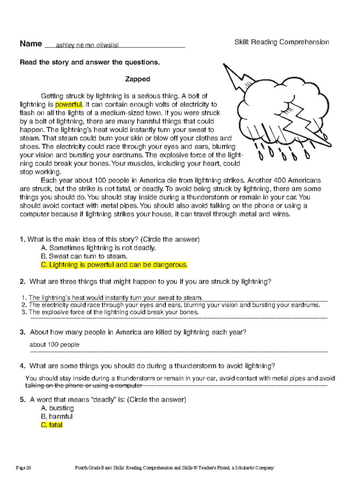 Zapped 4th Grade Basic Skills Reading Comprehension And Reading Skills ...