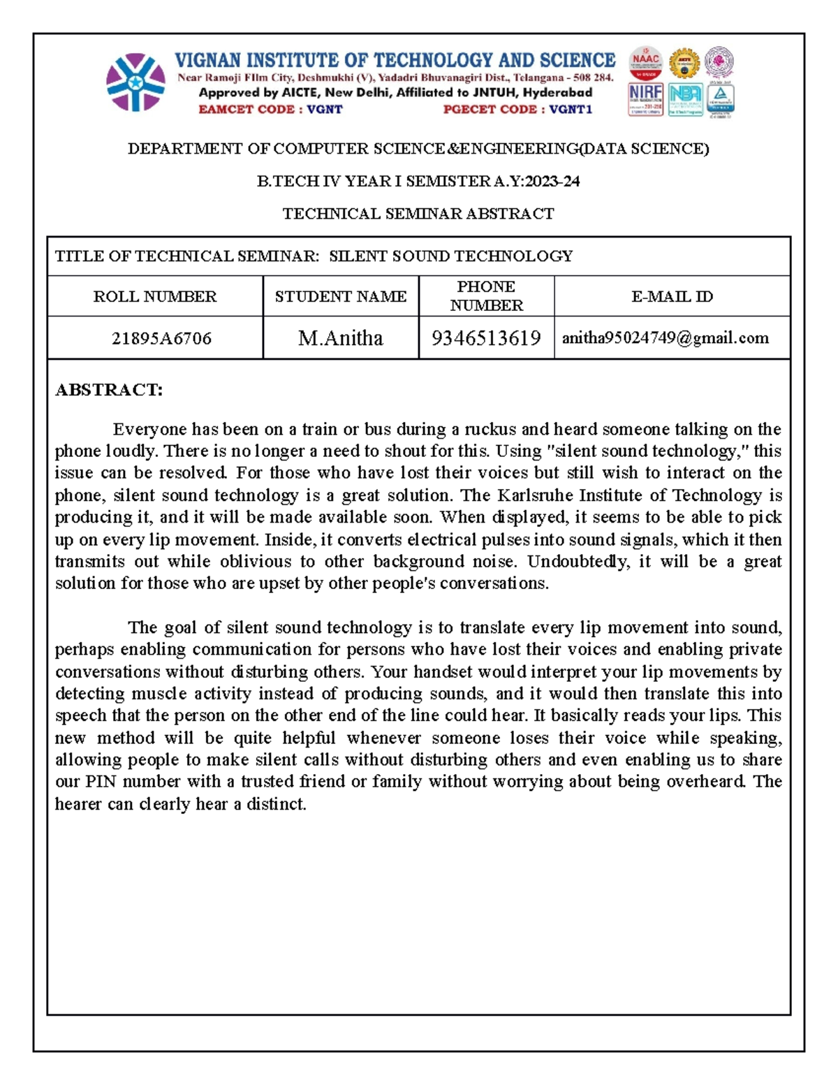 Silent sound technology abstract - DEPARTMENT OF COMPUTER SCIENCE ...