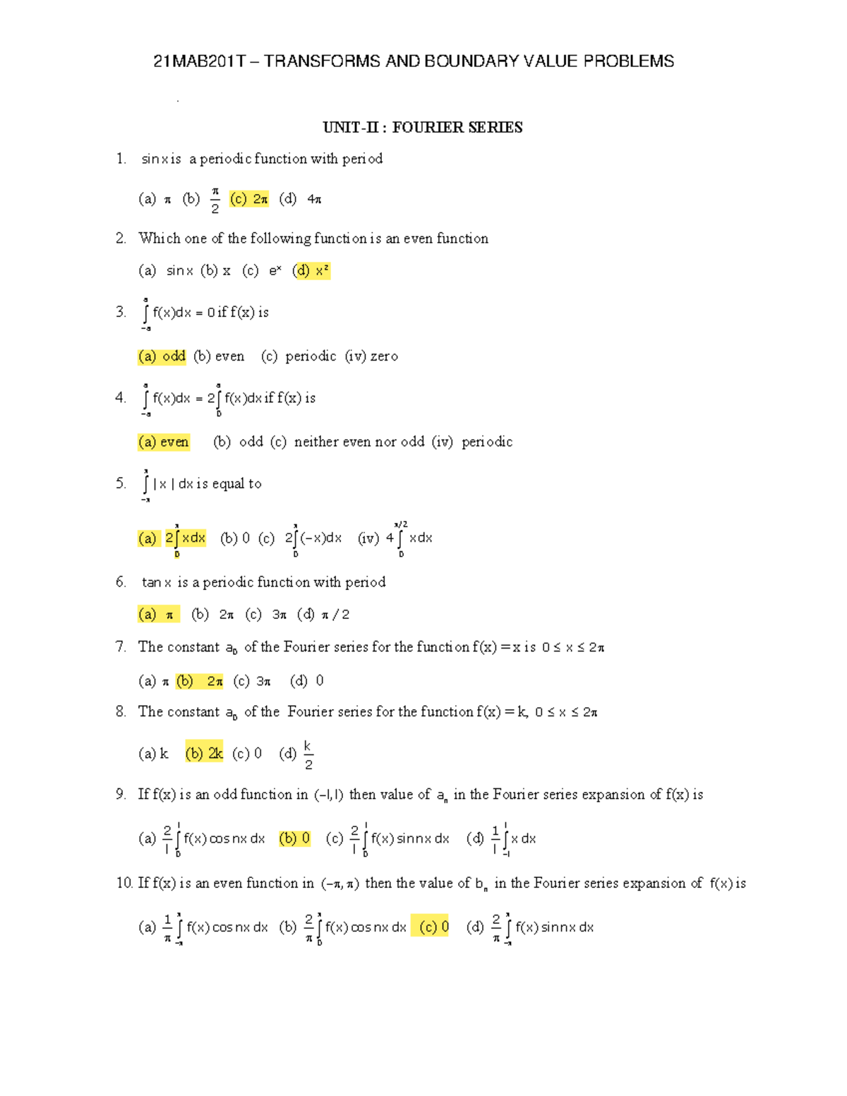 21MAB201T - UNIT 2 Fourier Series - 18MAB201T – TRANSFORMS AND BOUNDARY VALUE PROBLEMS UNIT-II ...