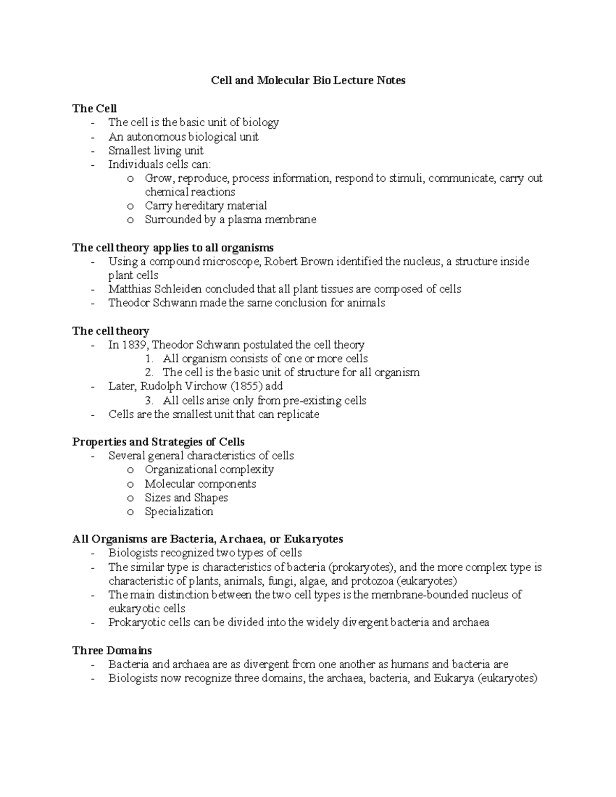 Cell and Molecular Bio Lecture Notes-1 - All organism consists of one ...
