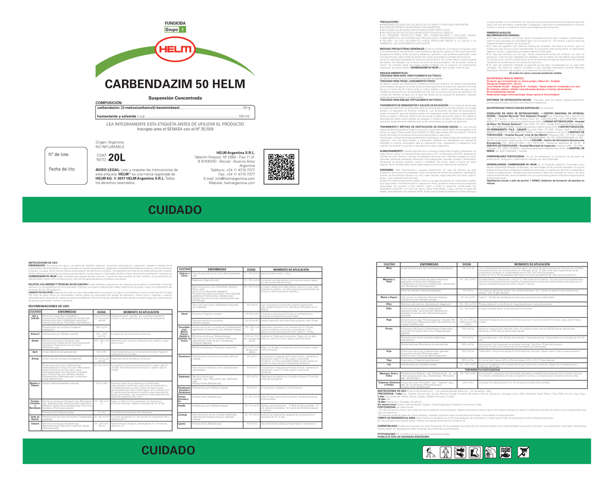 Etiqueta Carbendazim 50 Helm 20 L - CONT. NETO: 20L Suspensión ...