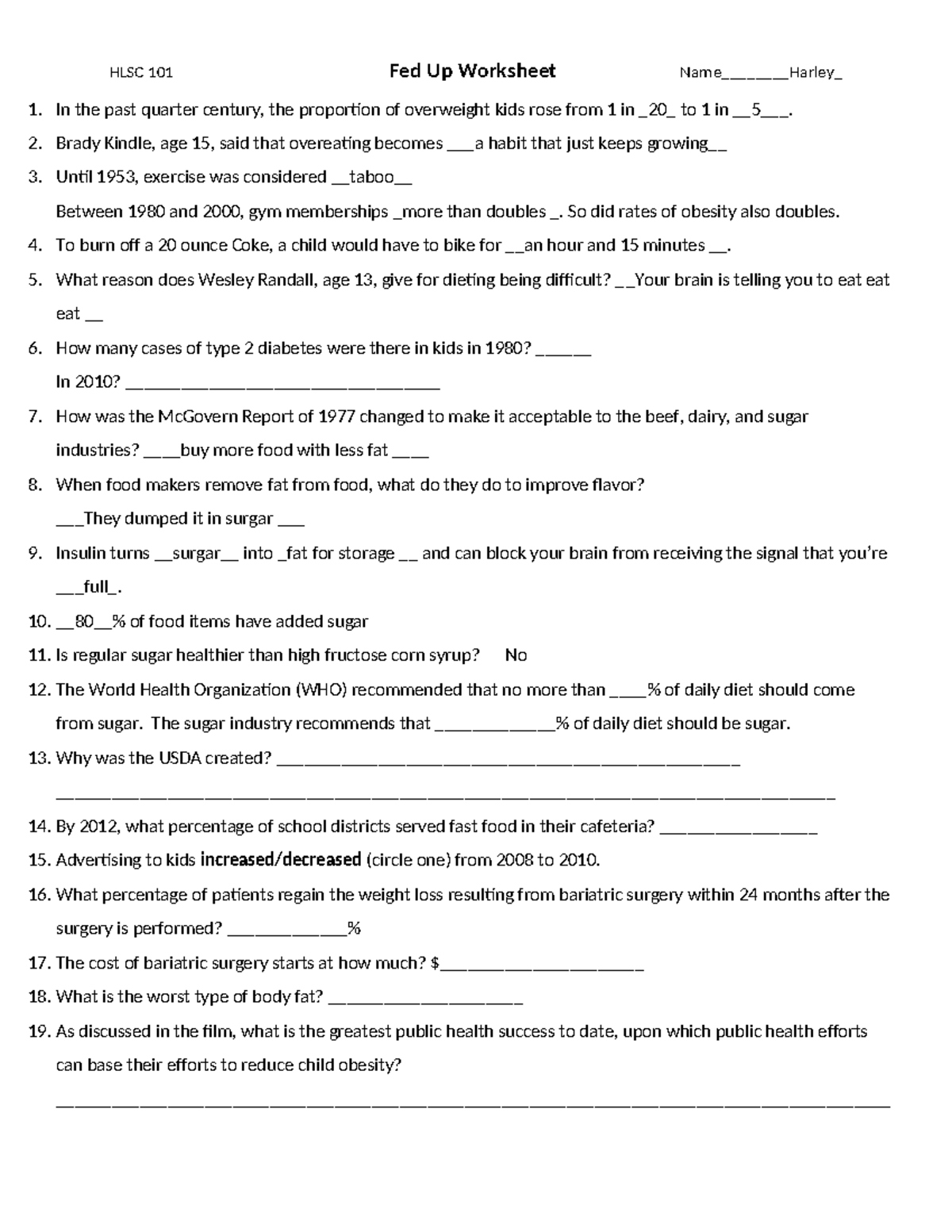 Fed Up worksheet - class work - HLSC 101 Fed Up Worksheet Name ...