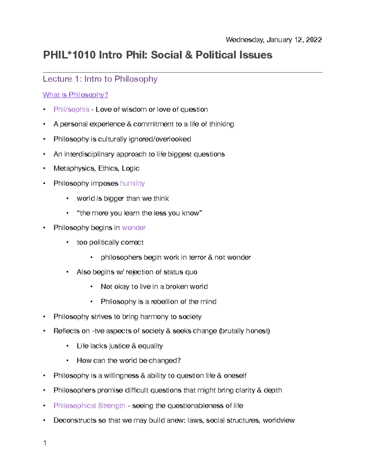 Lecture 1 - What is Philosophy - Wednesday, January 12, 2022 PHIL*1010 Intro Phil: Social ...