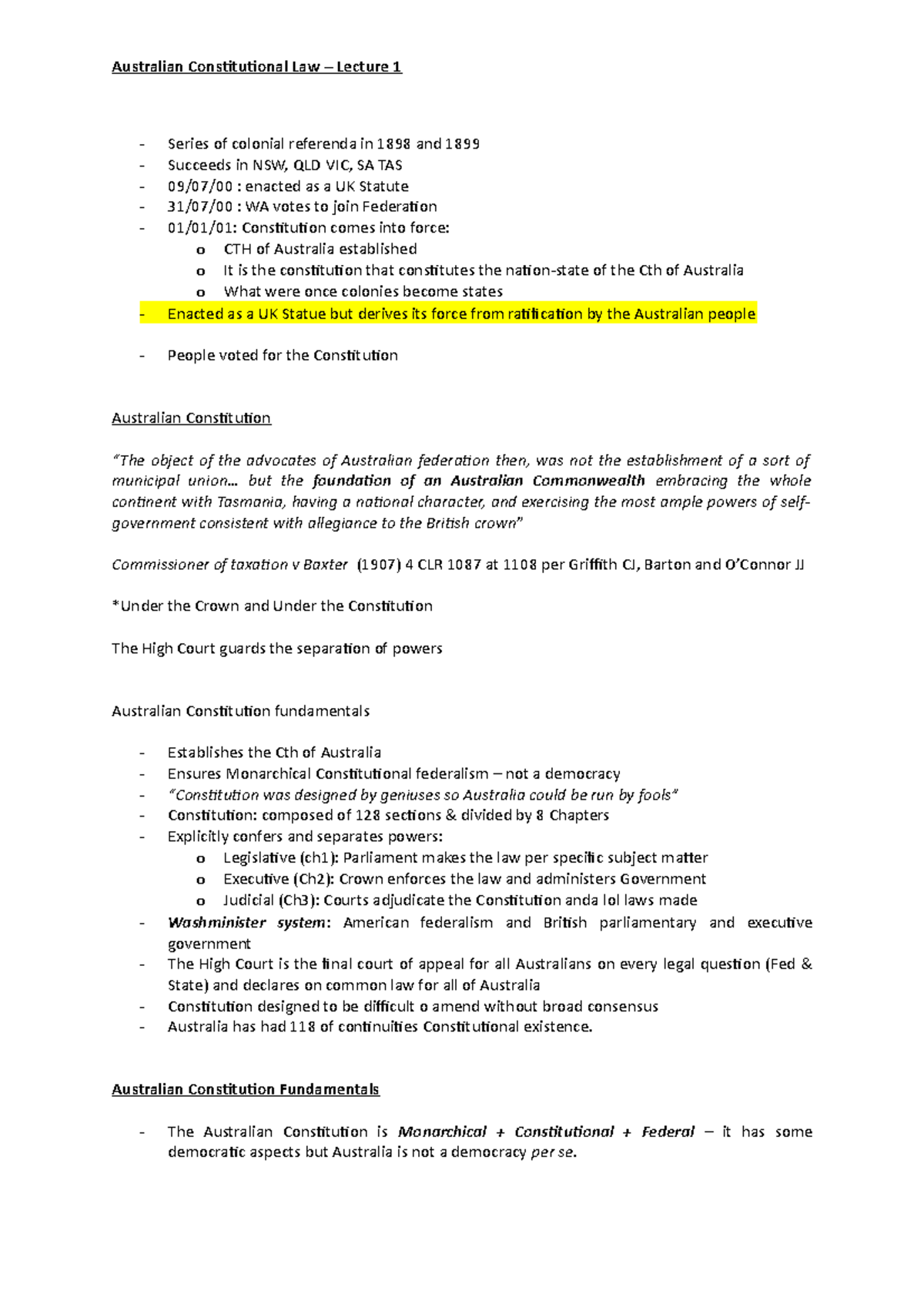 ACL - Lec 1 - Australian Constitution Law Notes - LPAB06 - USyd - Studocu