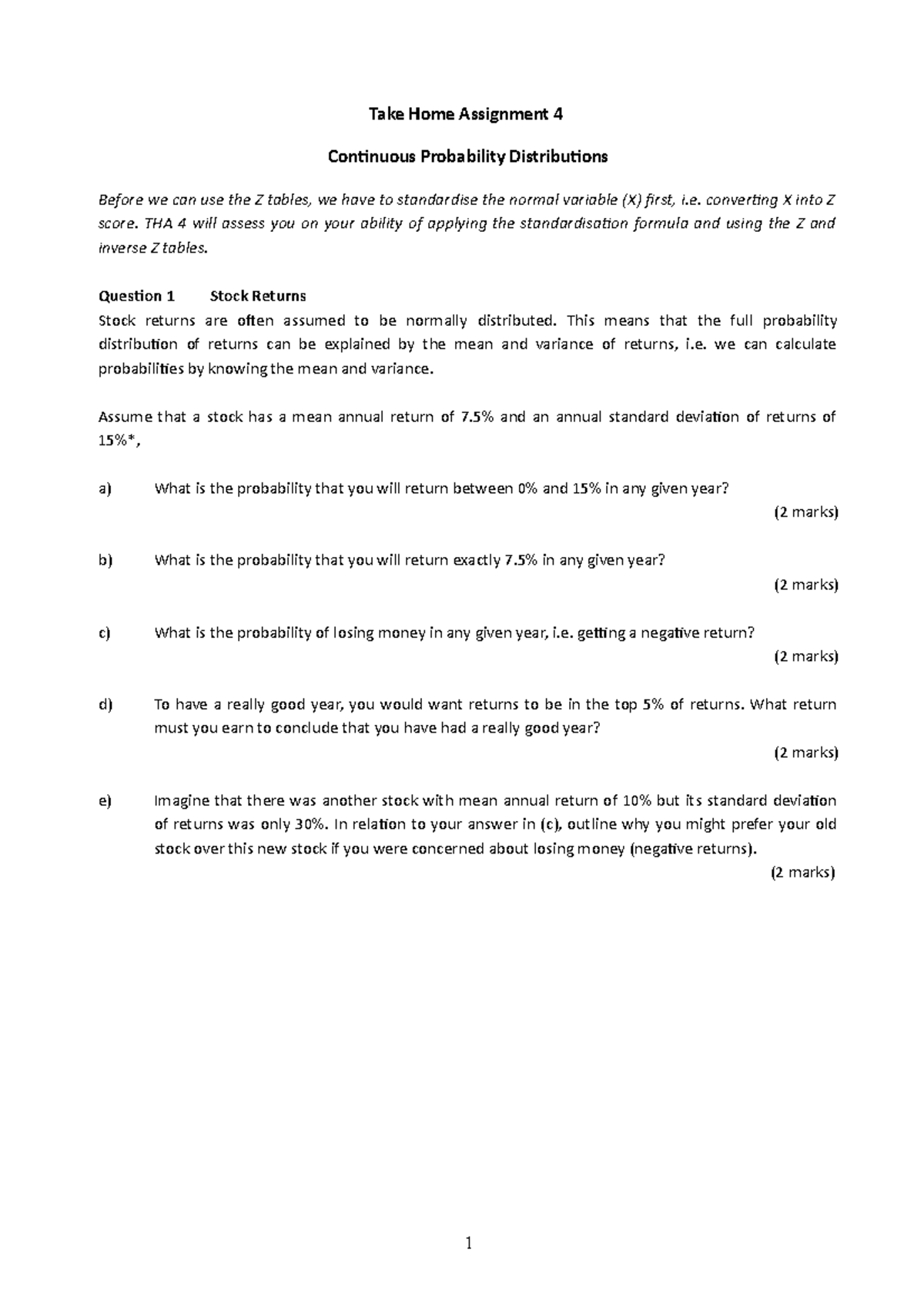 task sheet for tha4 - Take Home Assignment 4 Continuous Probability ...