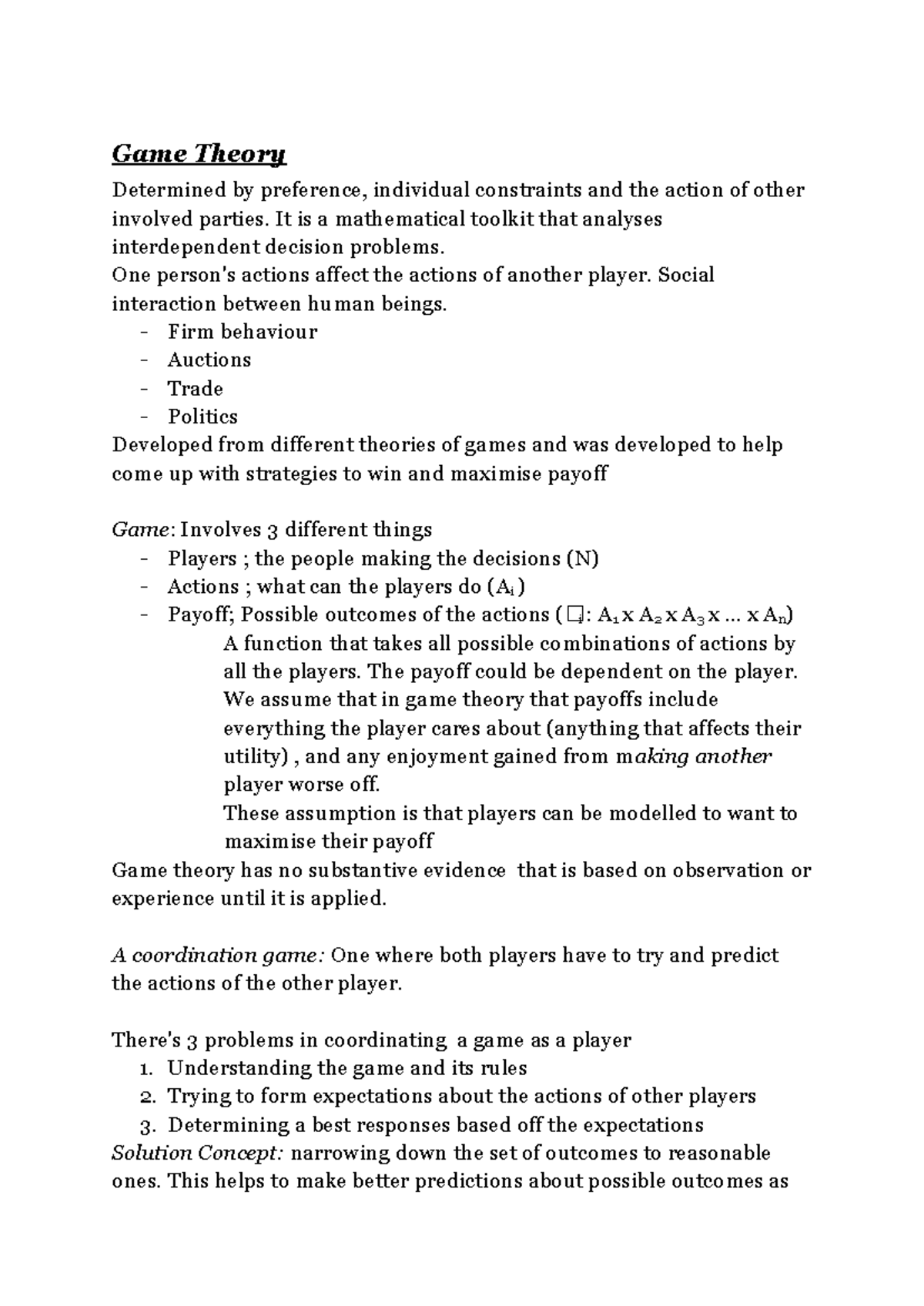 EC109 Week 6 ( Game Theory and Nash ) - Game Theory Determined by preference, individual ...