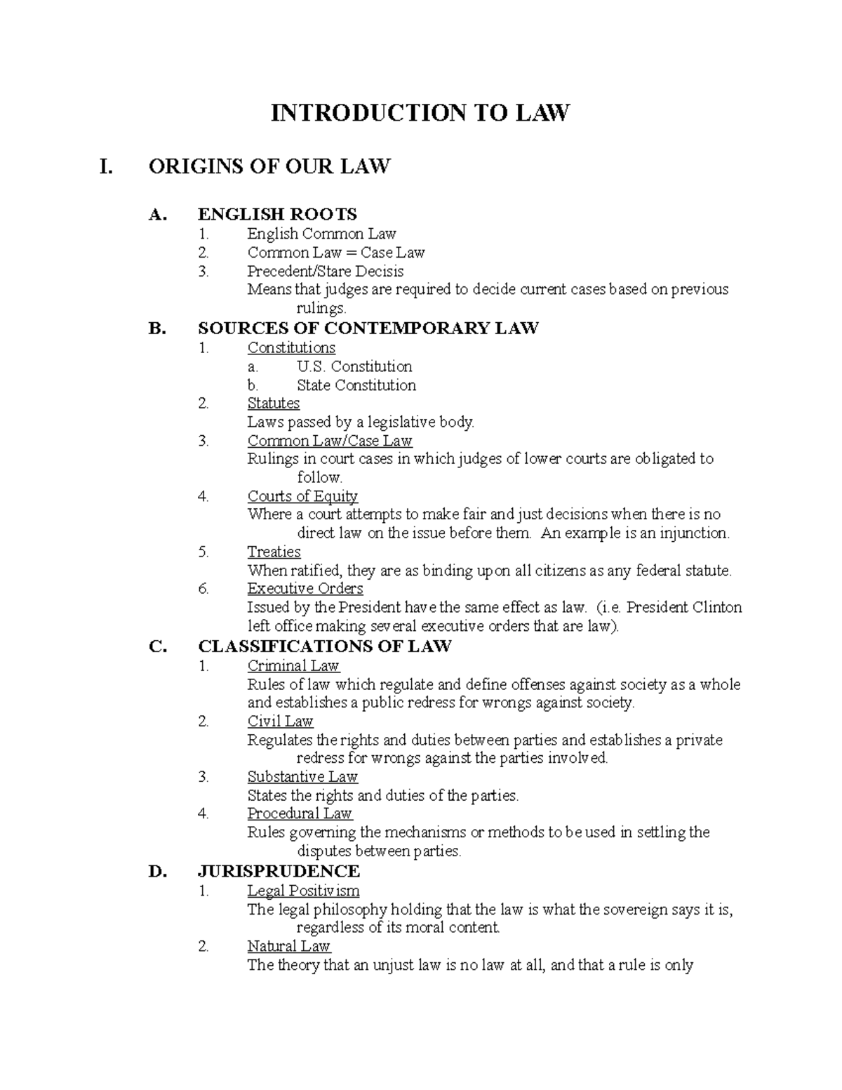 Intro to Law - into to law lecture notes - INTRODUCTION TO LAW I ...