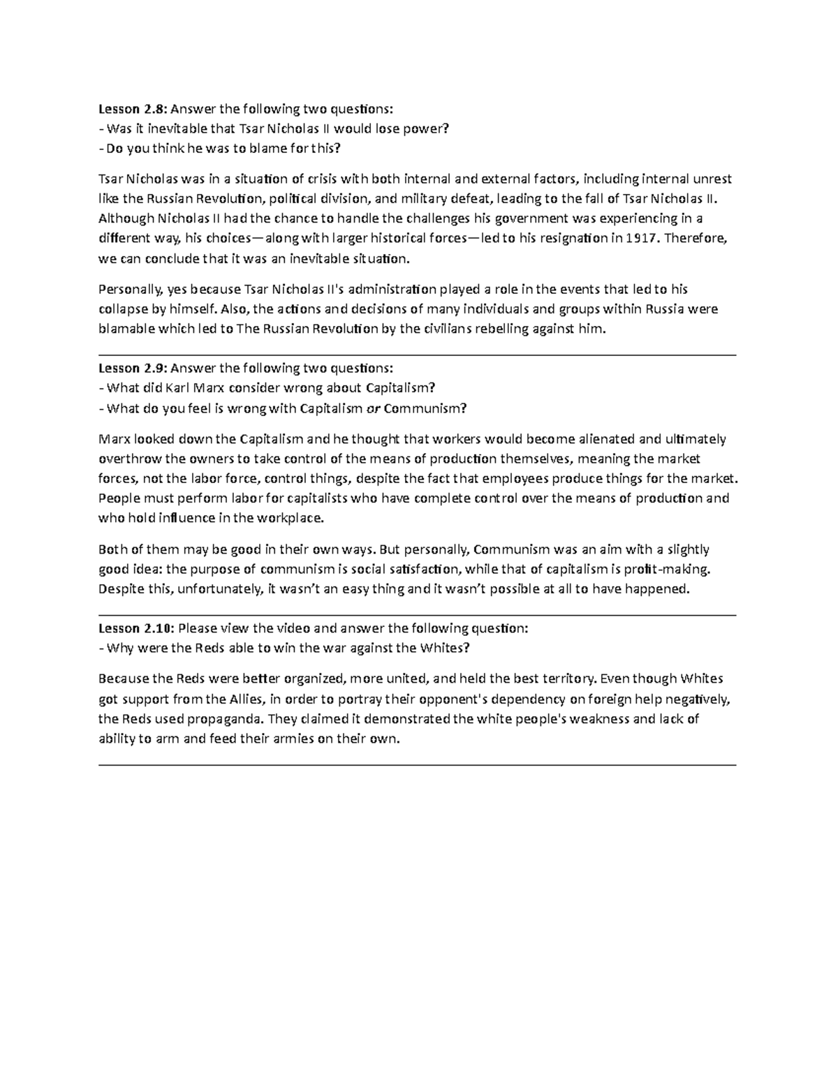 Homework - Russia (history) - Lesson 2: Answer the following two ...