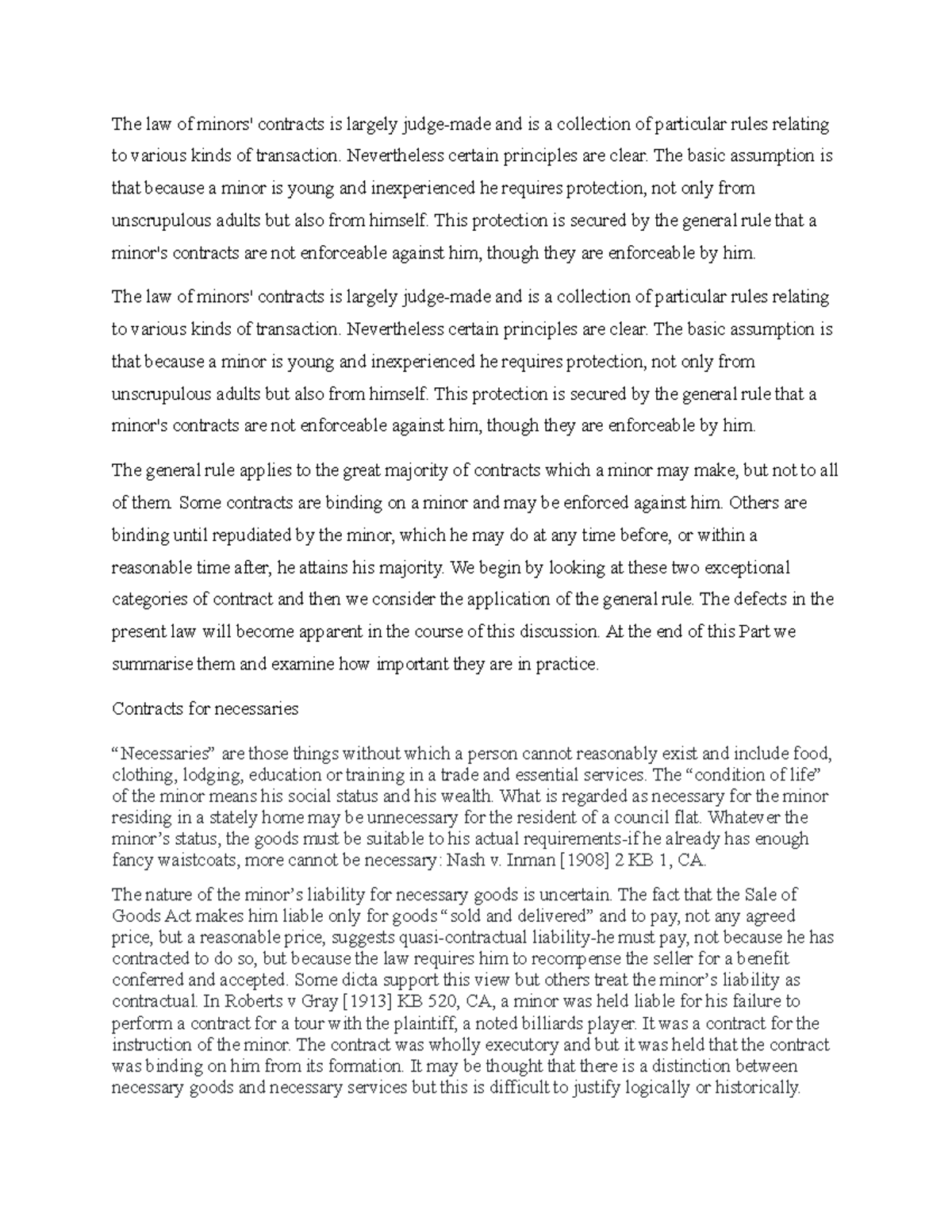 NOW - NECCESSARIES IN CONTRACT - The law of minors' contracts is ...