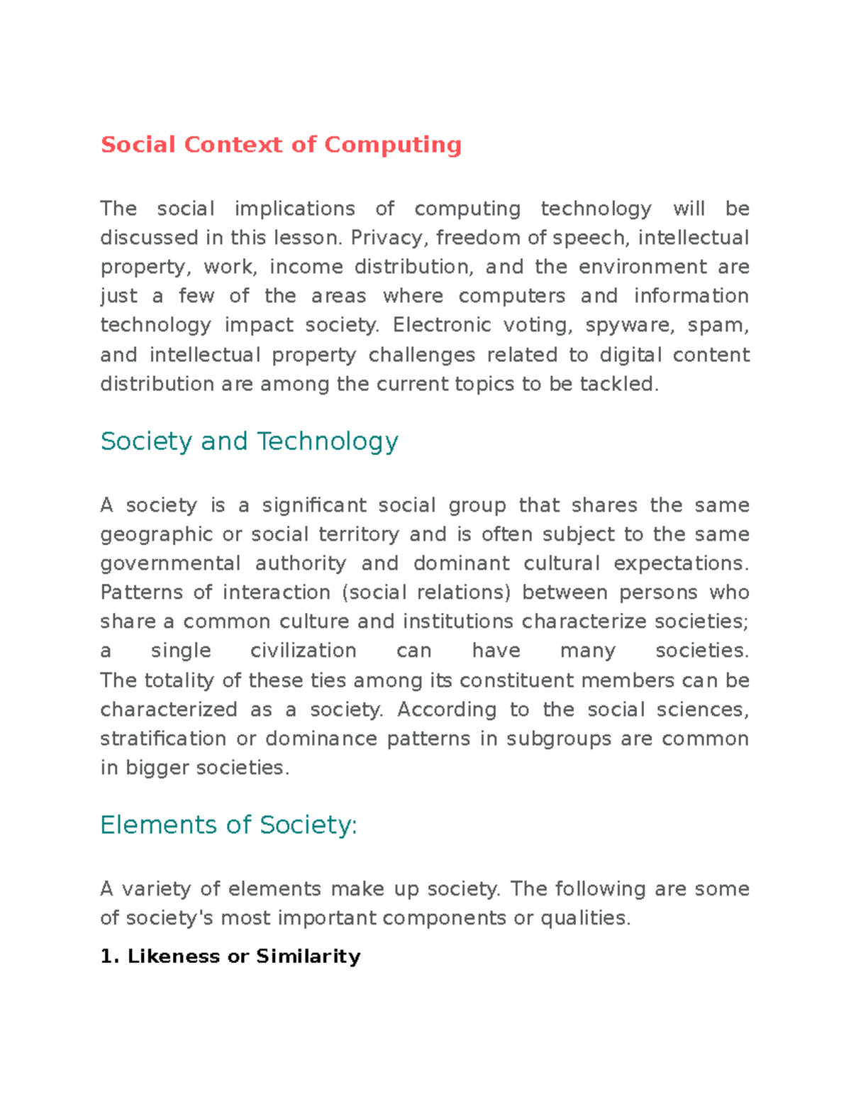 Social Context of Computing - Privacy, freedom of speech, intellectual ...