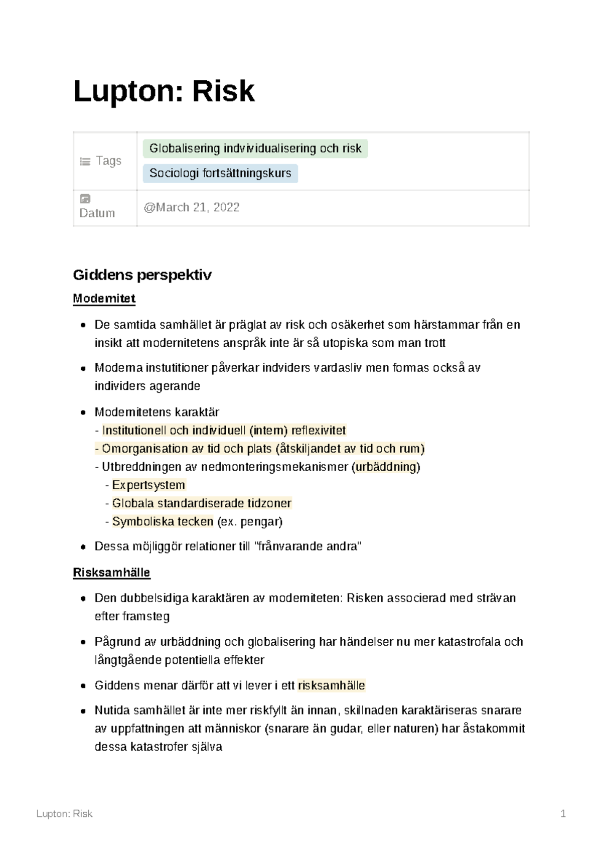 Anteckningar - Risk av Deborah Lupton - Lupton: Risk Tags Globalisering ...
