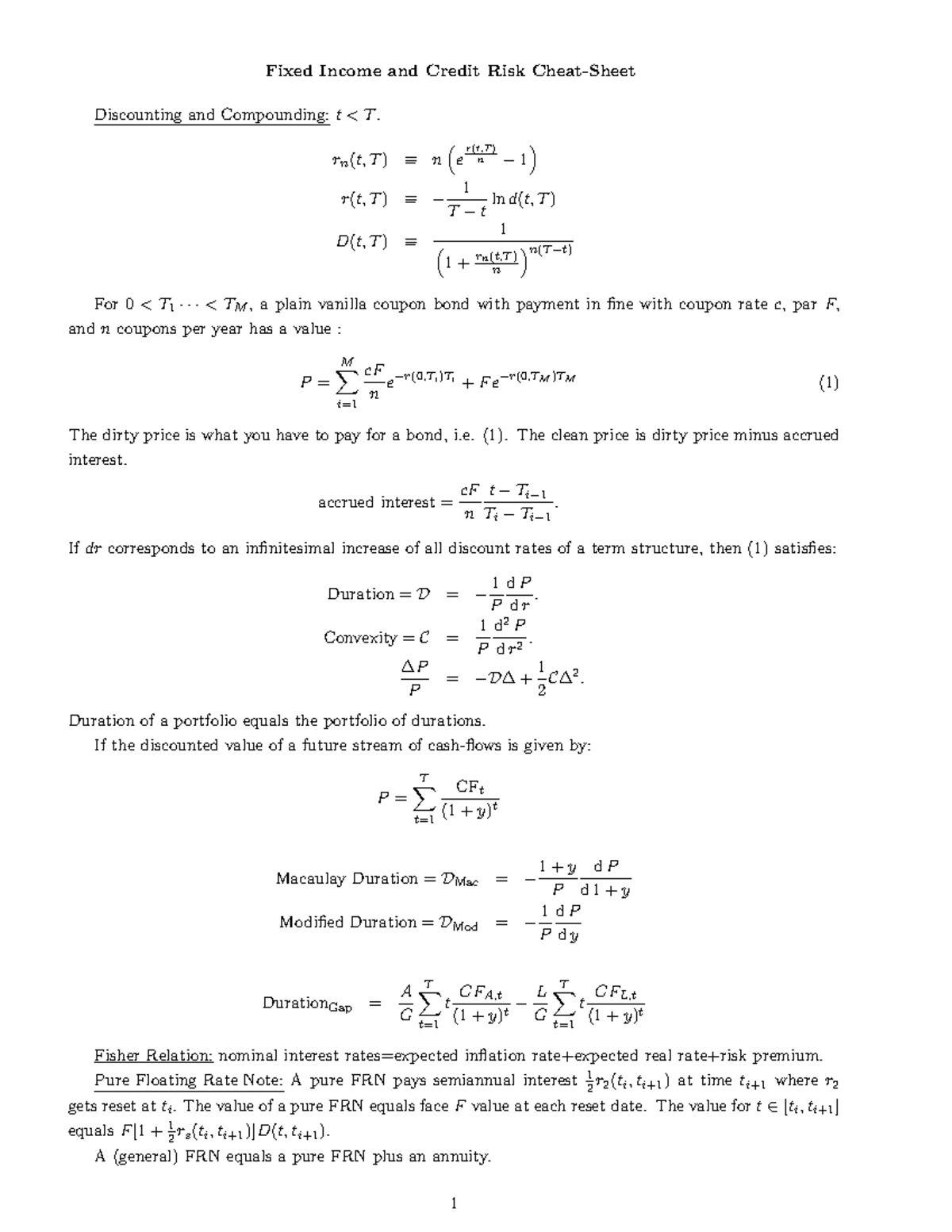 FICR Cheat Sheet - Fixed Income and Credit Risk Cheat-Sheet Discounting ...