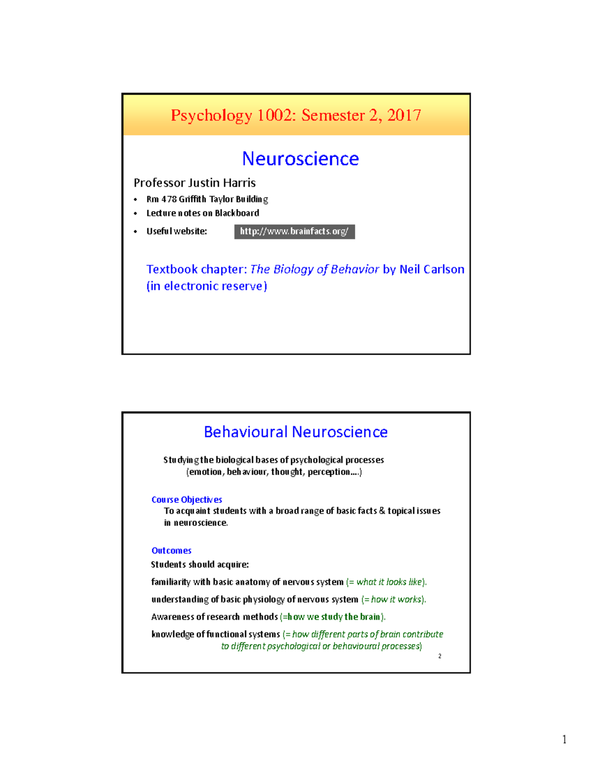 Neuroscience Lecture 1&2 2017 2slides - Psychology 1002: Semester 2 ...