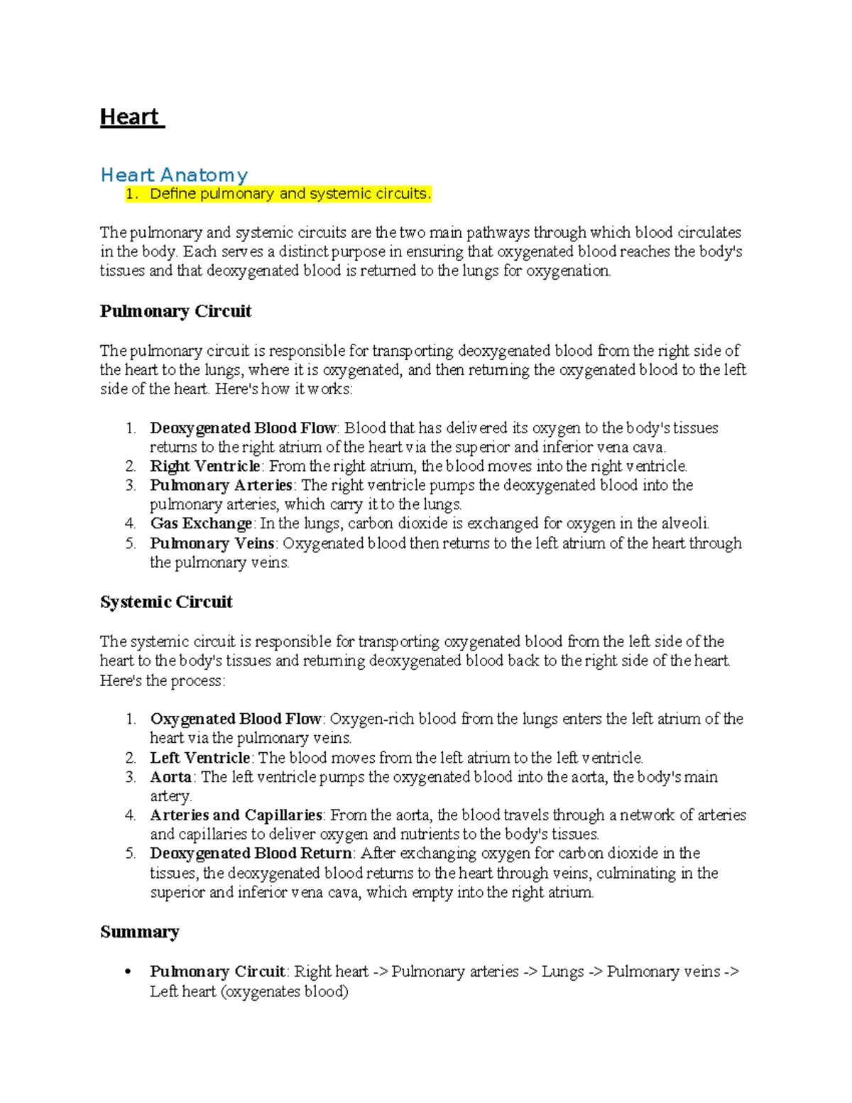 Heart Review - Heart Heart Anatomy 1. Define pulmonary and systemic ...