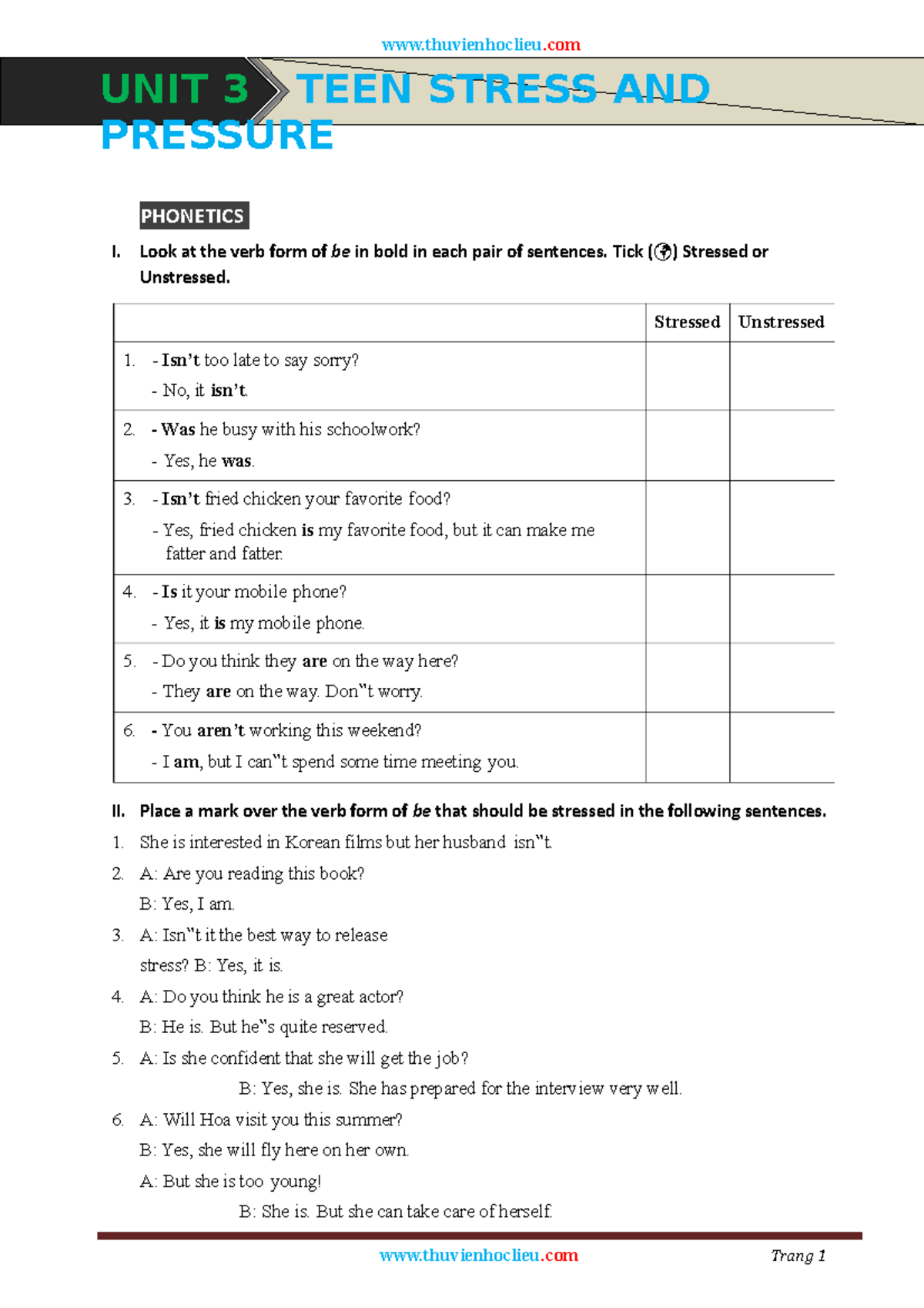 Thuvienhoclieu - ENGLISH 3 - UNIT 3 TEEN STRESS AND PRESSURE A ...