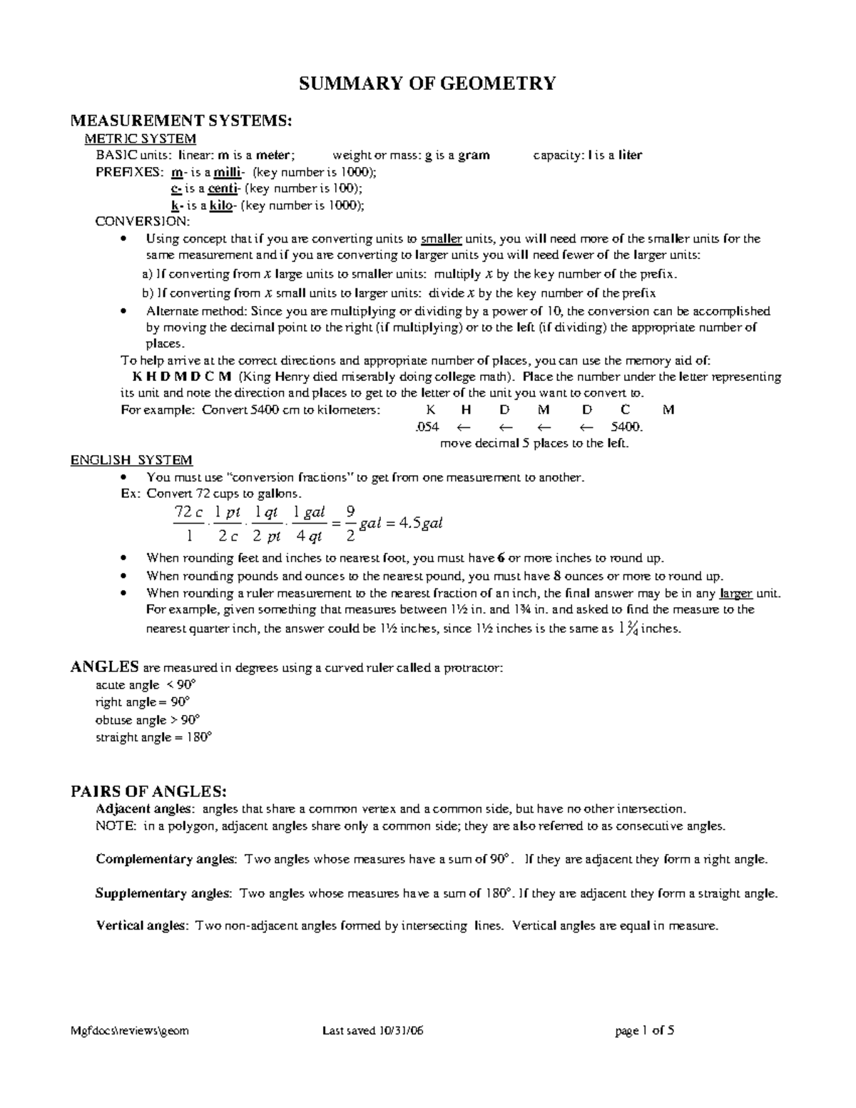 Summary of Essential Geometry Formulas Review - SUMMARY OF GEOMETRY ...