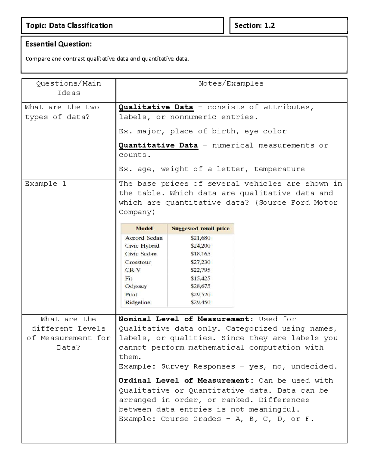 1.2 Notes - Questions/Main Ideas Notes/Examples What are the two types ...