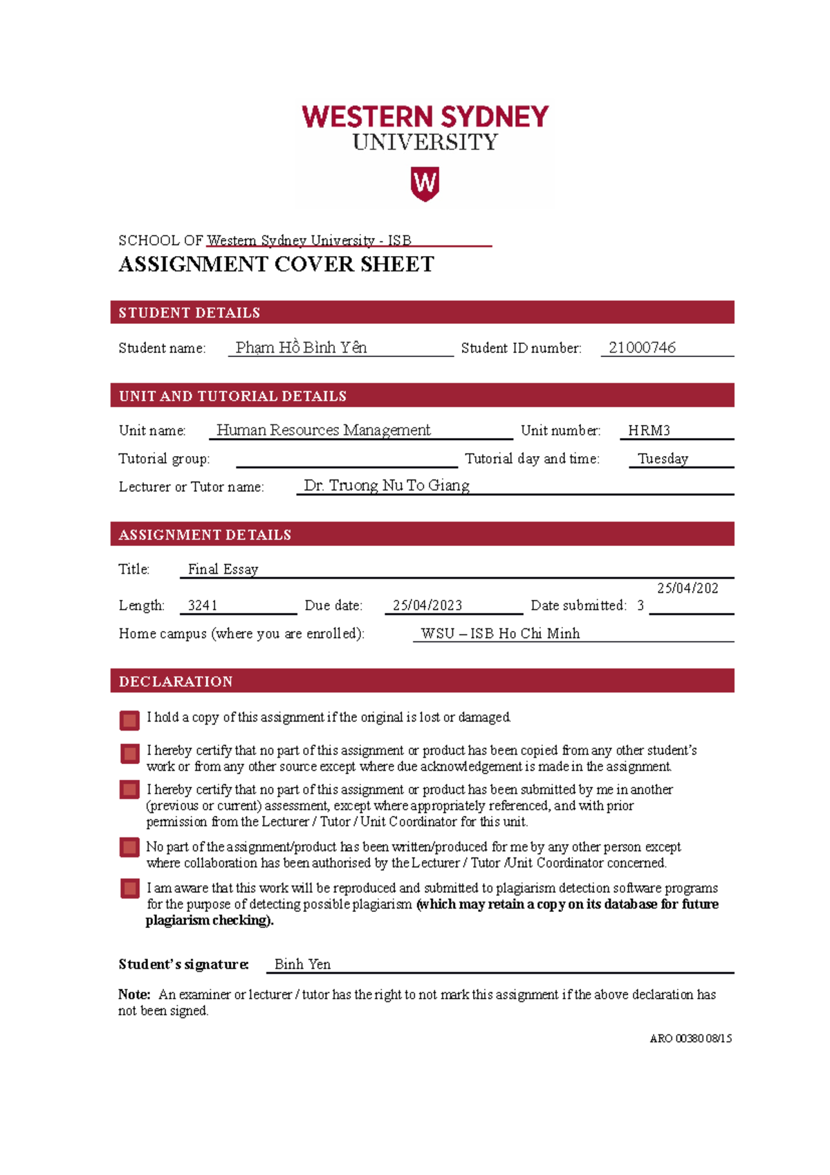 HRM3 report - 2 - SCHOOL OF Western Sydney University - ISB ASSIGNMENT ...