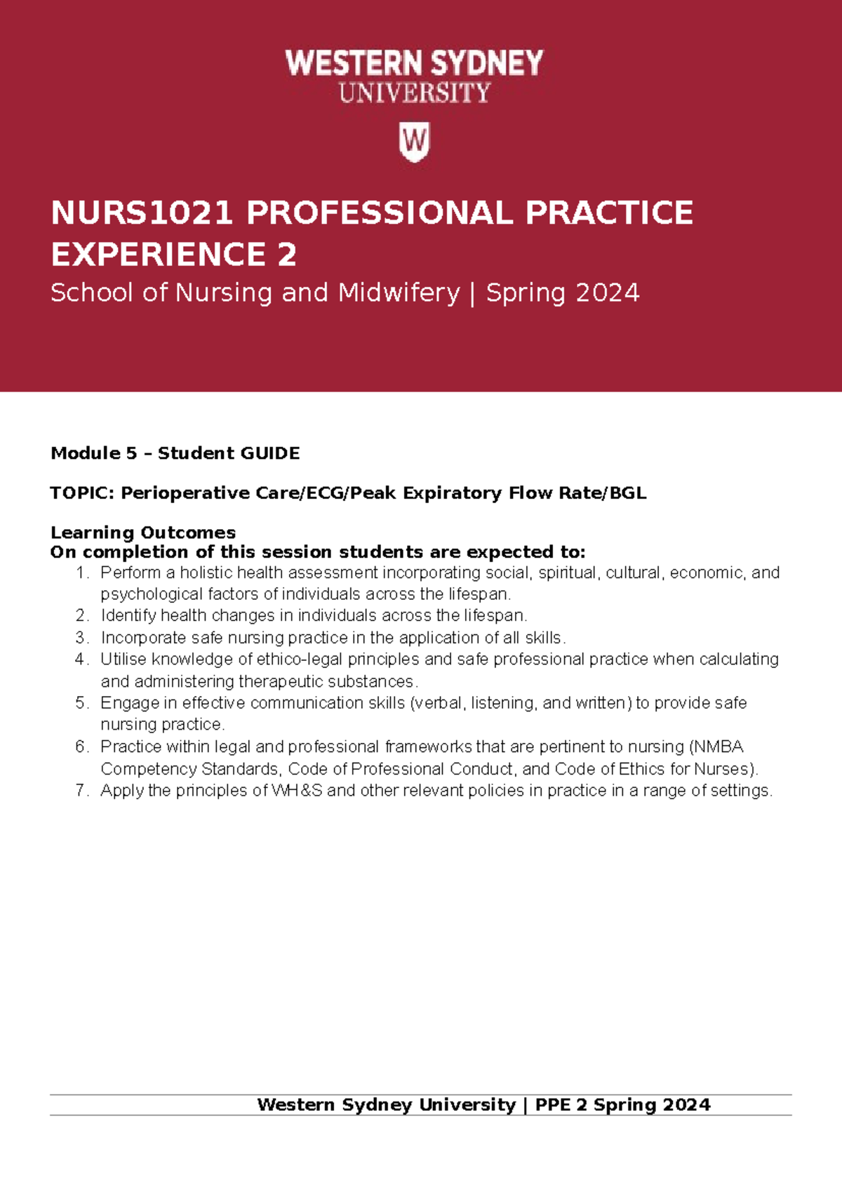 Module 5 Student Guide 2024 - NURS1021 PROFESSIONAL PRACTICE EXPERIENCE ...