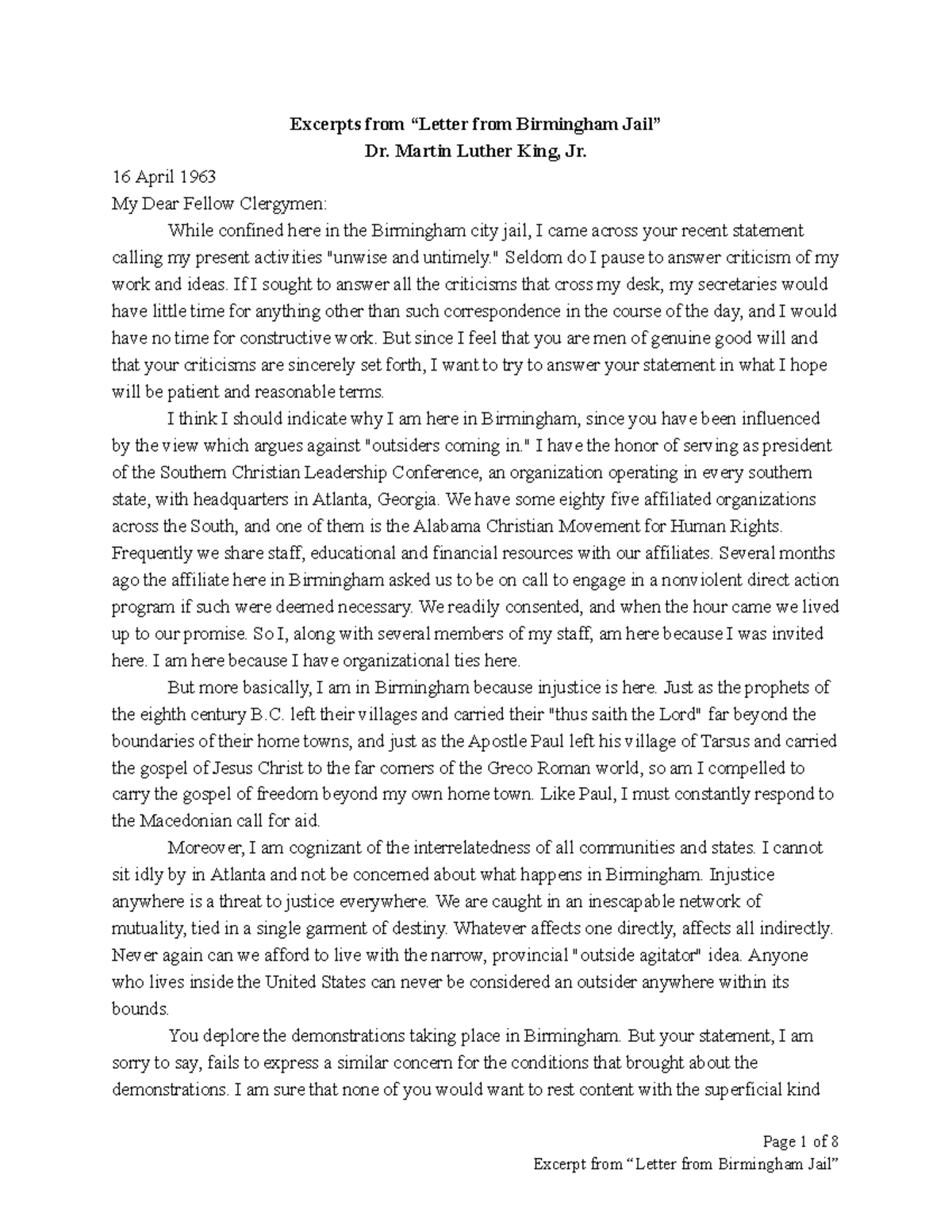 Excerpt from Letter from Birmingham Jail - Excerpts from “Letter from ...