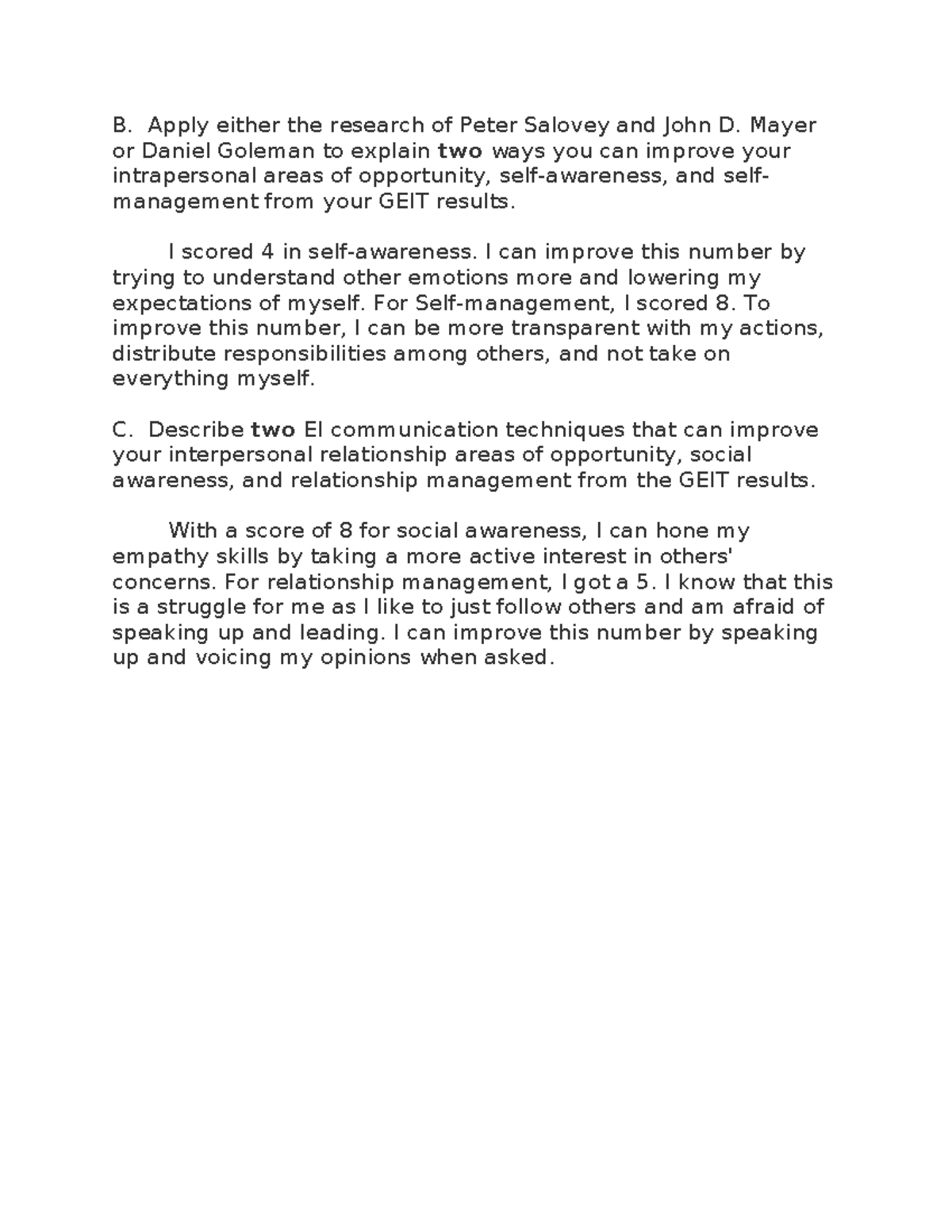 Chm1 t1 - B. Apply either the research of Peter Salovey and John D. Mayer or Daniel Goleman to ...