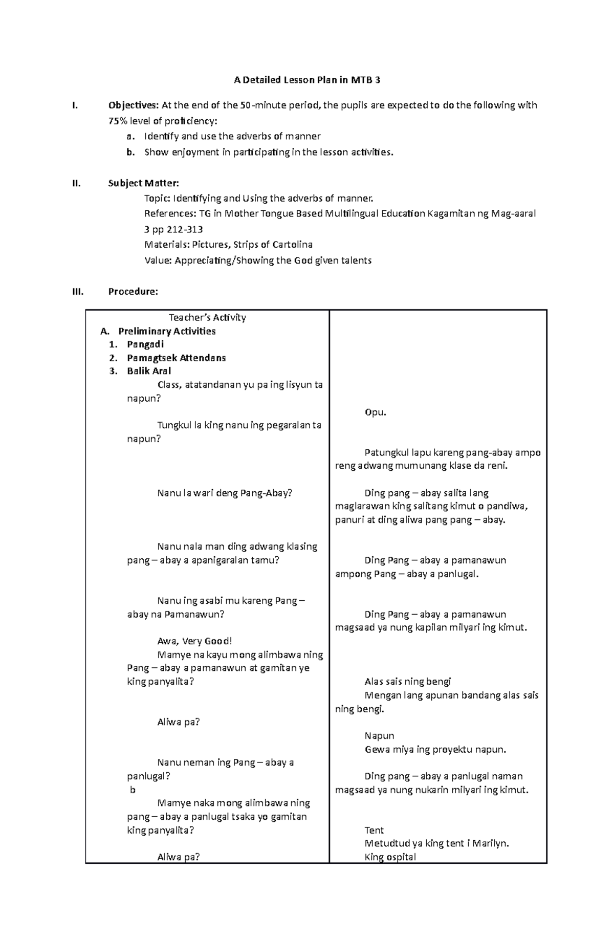 Detailed Lesson Plan In Elementary Mathematics Plans Learning Mtb Notes