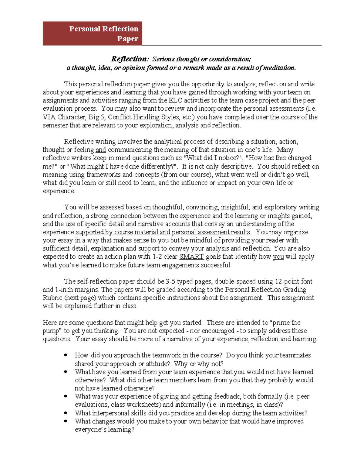 Final reflection paper instructions and rubric - Personal Reflection ...