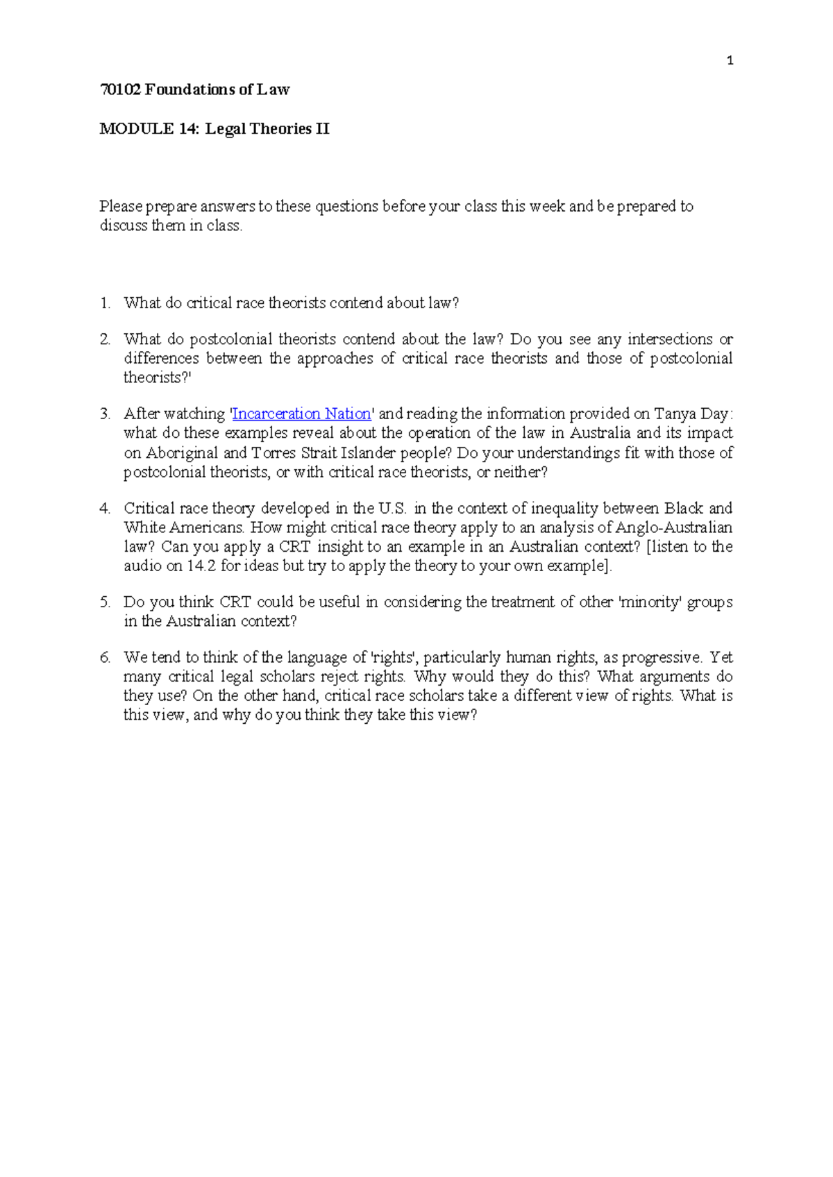 Module 14 (Legal Theories II) Discussion Questions - 1 70102 ...