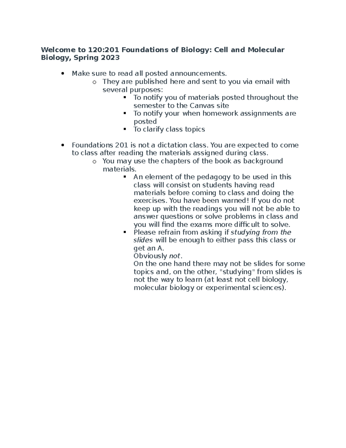 Cell BIO 220Welcome - Welcome lecture - Welcome to 120:201 Foundations ...