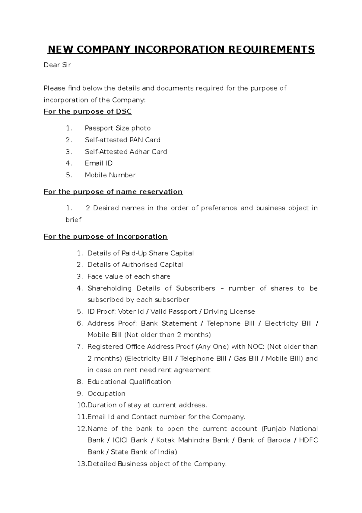 NEW Company Incorporation Requirements - NEW COMPANY INCORPORATION ...