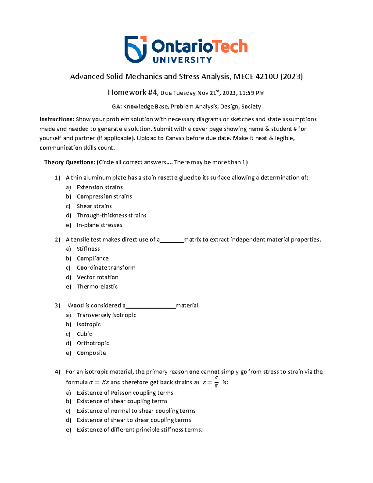 4.1 MECE 4210U - Fall 2023 - Assignment 4 - Advanced Solid Mechanics and Stress Analysis, MECE ...